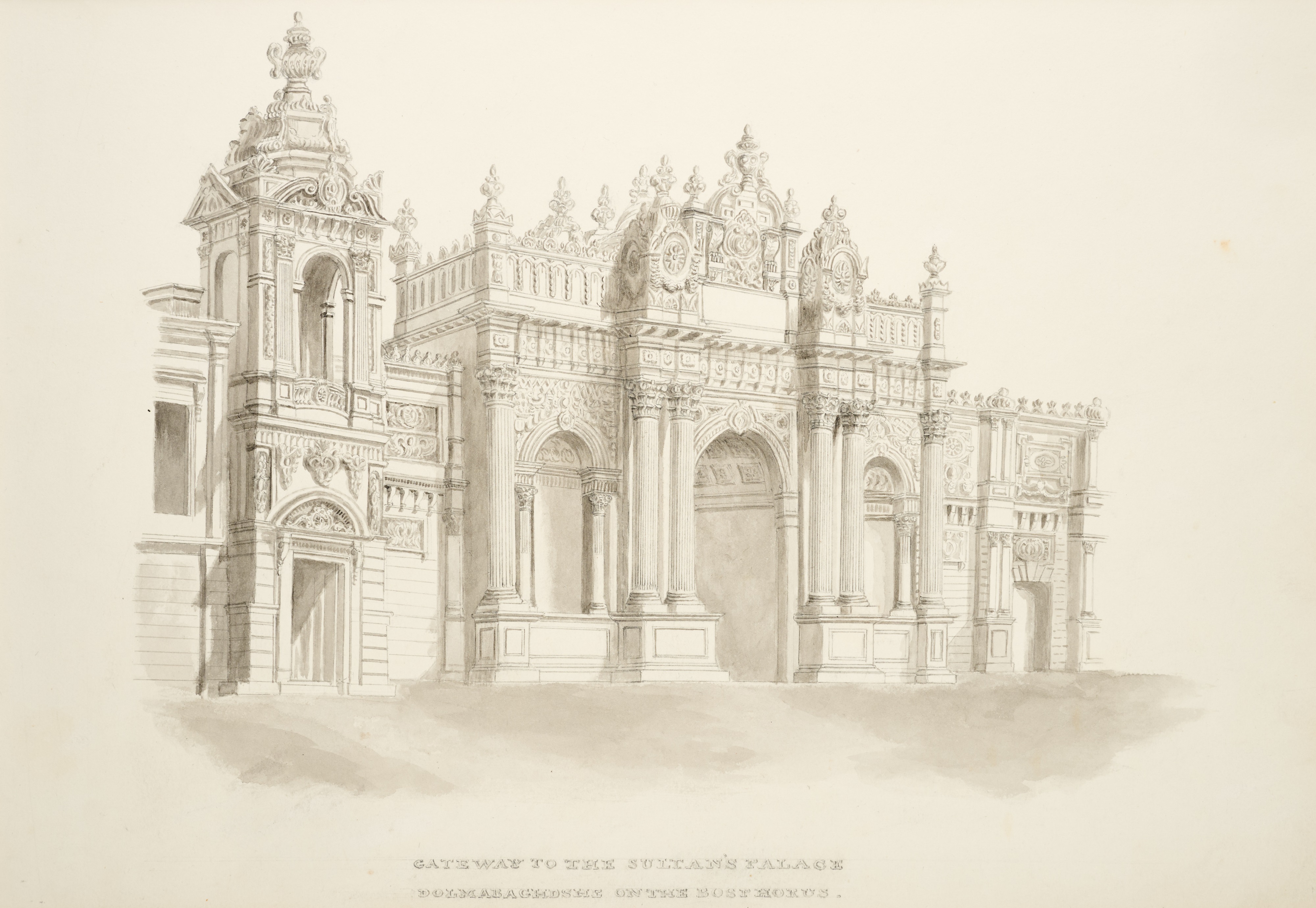 TWO PENCIL SKETCHES OF THE DOLMABAHCE PALACE, TURKEY, CIRCA 1900 both ...