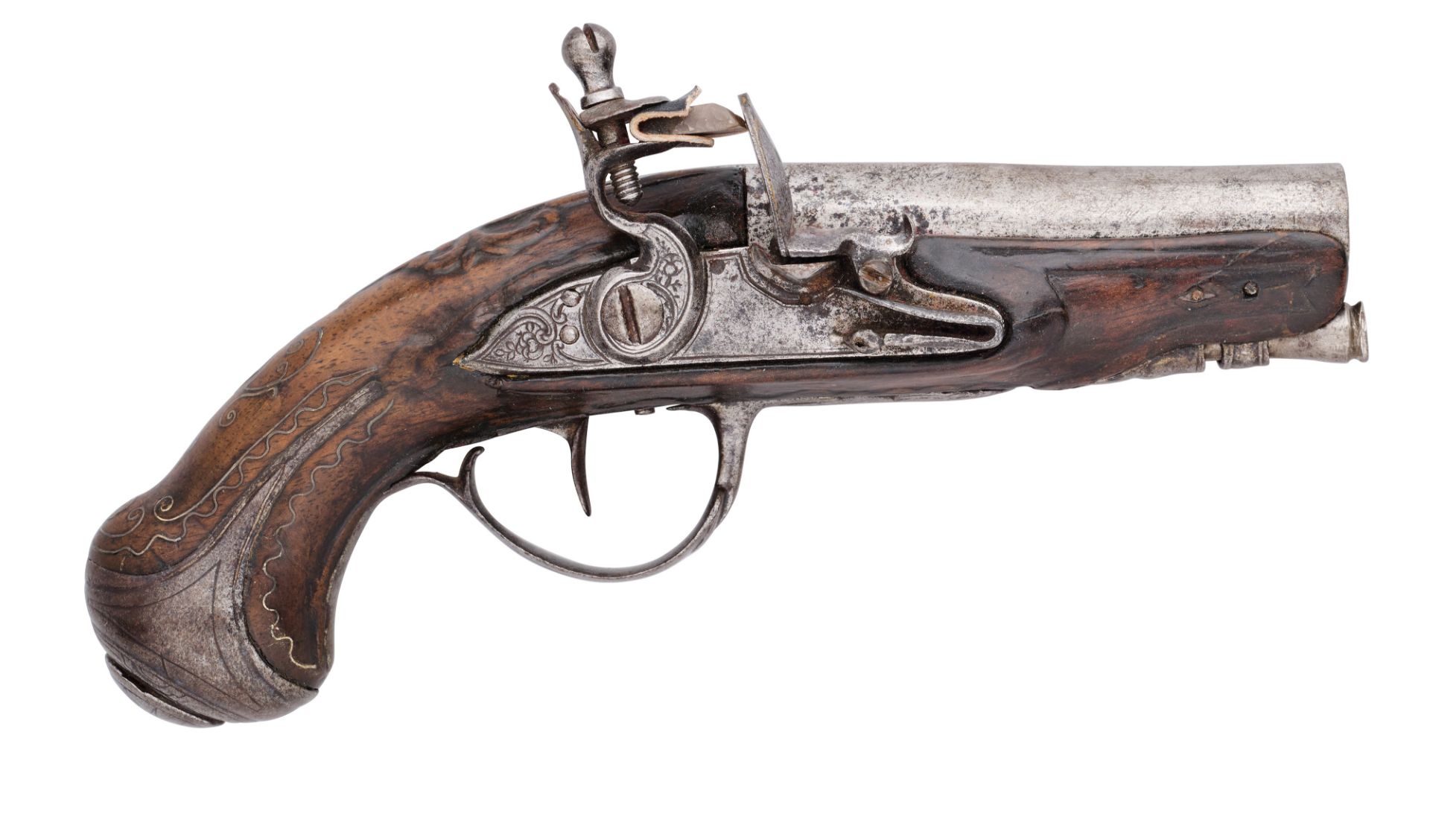 A SMALL FRENCH FLINTLOCK 40 BORE TRAVELLING PISTOL, UNSIGNED, MID-18TH ...