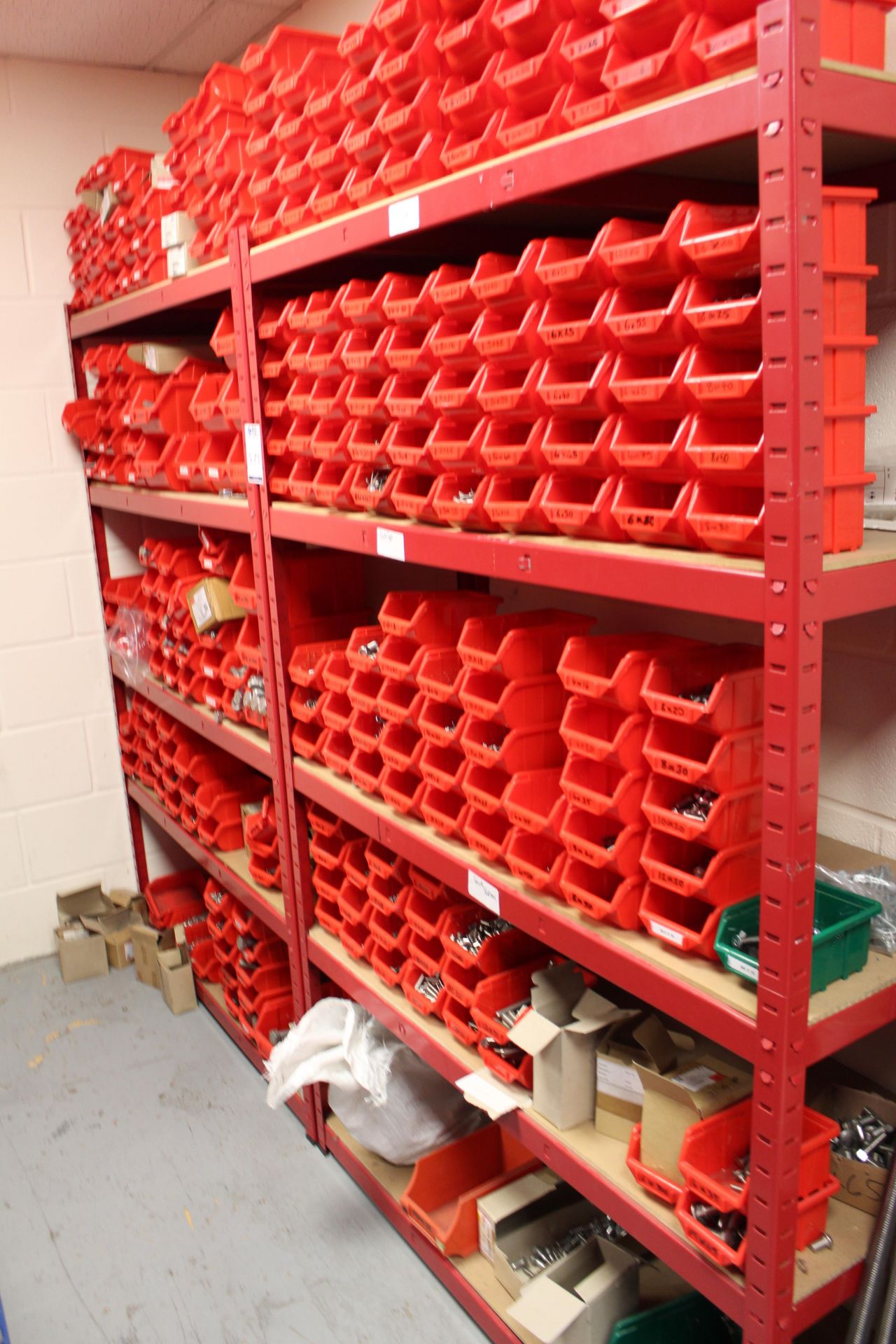 3 Bays of Medium Duty Red Steel Shelving with MDF Shelves & Contents of ...