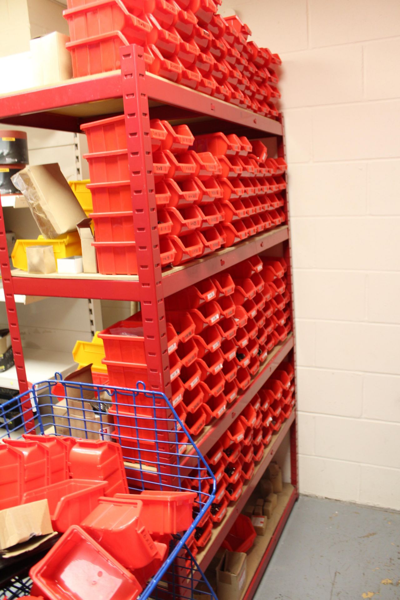 3 Bays of Medium Duty Red Steel Shelving with MDF Shelves & Contents of ...