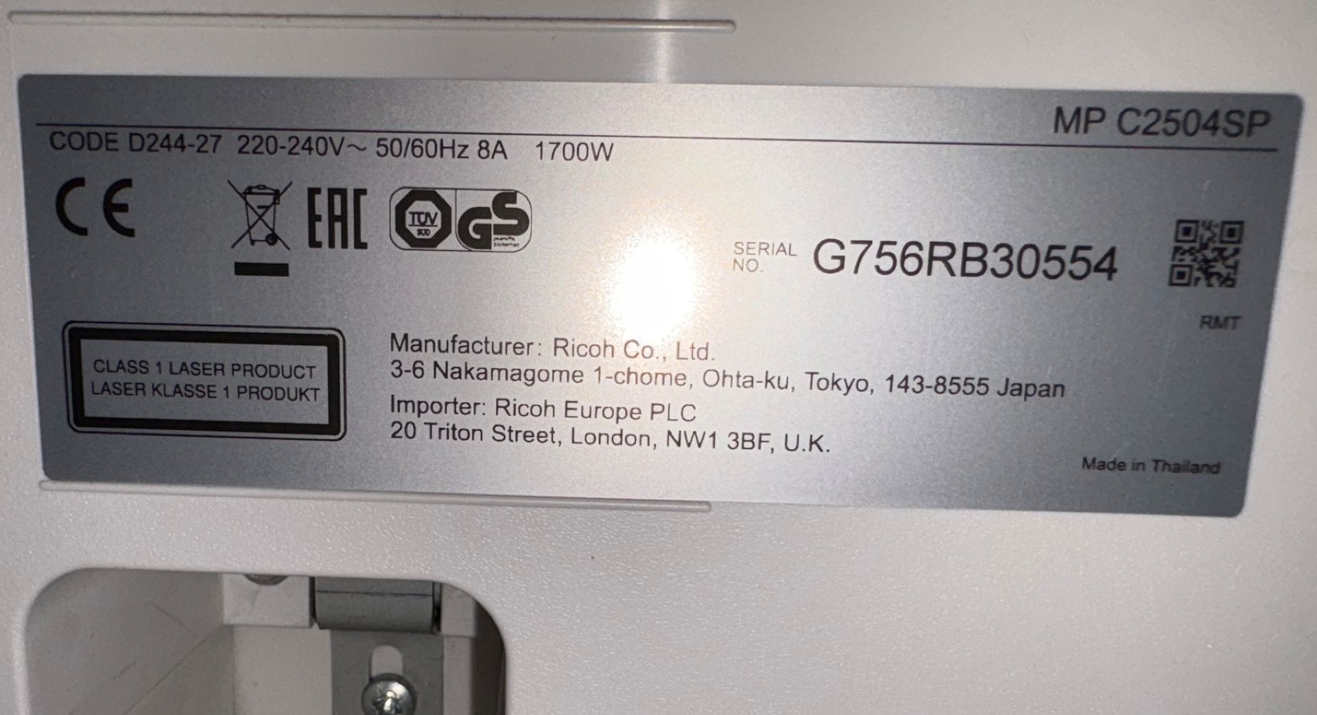 Ricoh MPC2504 Print Centre, Serial Number G756RB30554 (Location ...