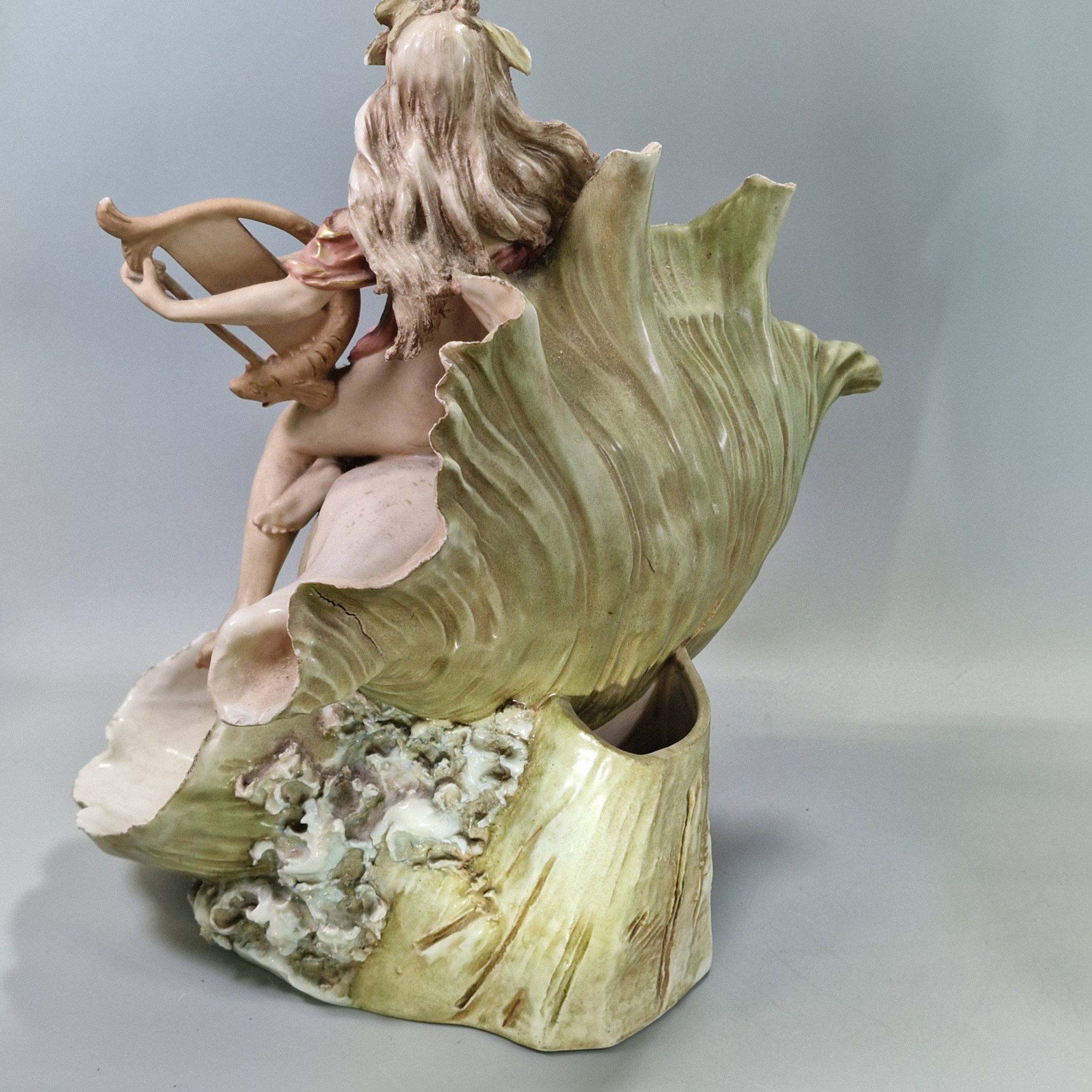 Royal Dux figural vase in the form of a Siren, on a large conch shell ...