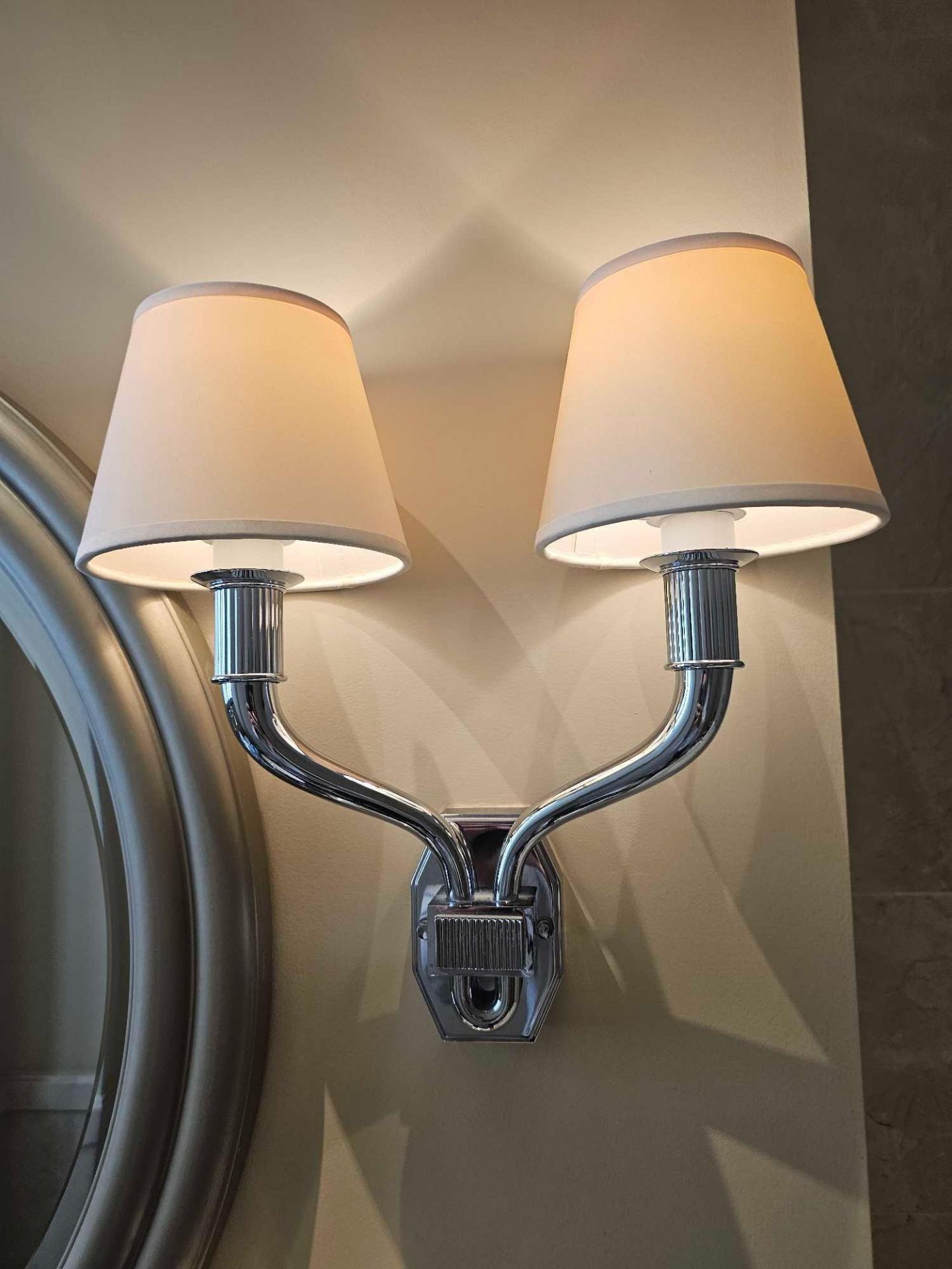 Pair of Wall Lights – Twin Arm Fixtures in Polished Nickel with Ribbed ...