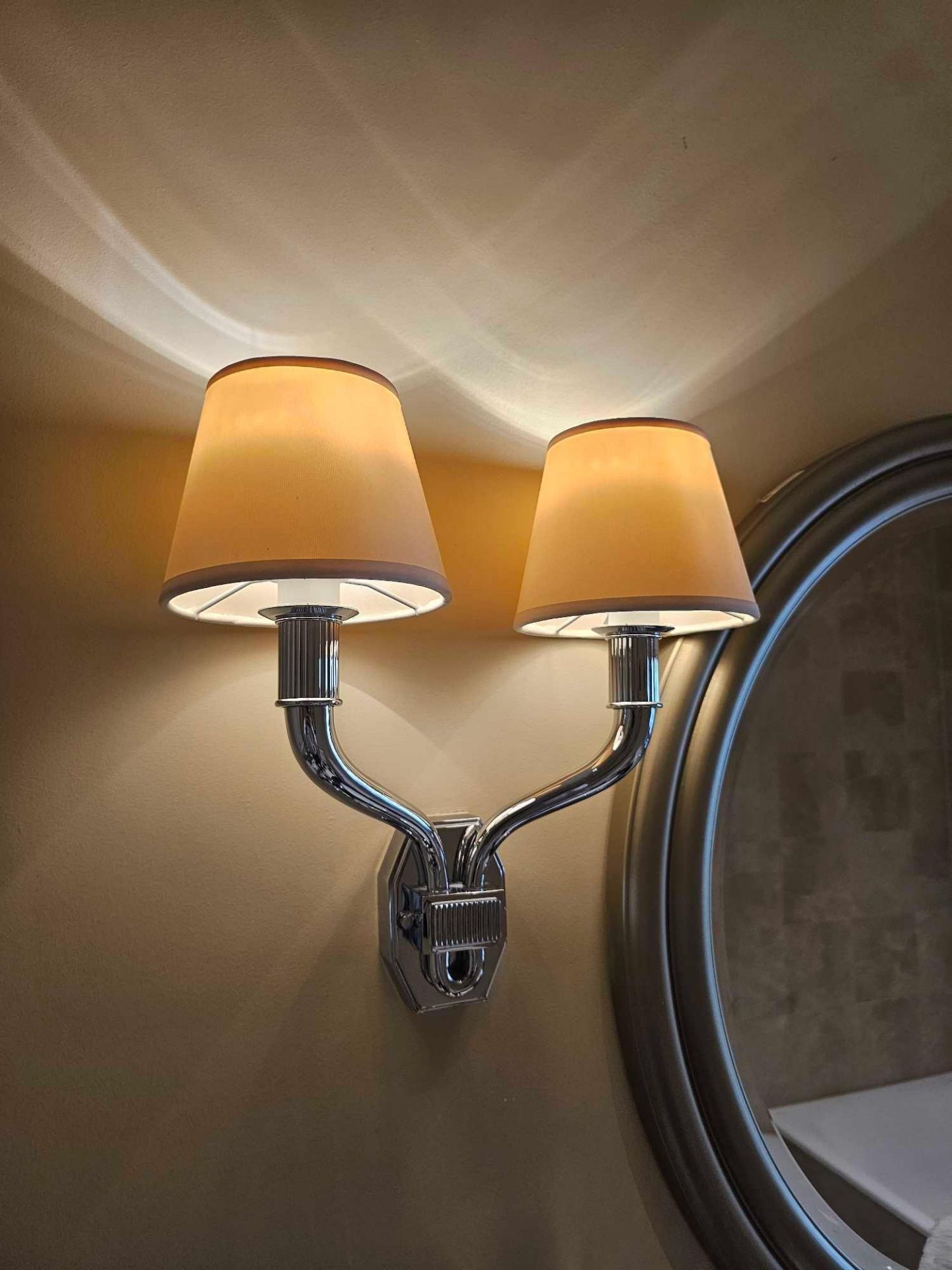 Pair of Wall Lights – Twin Arm Fixtures in Polished Nickel with Ribbed ...