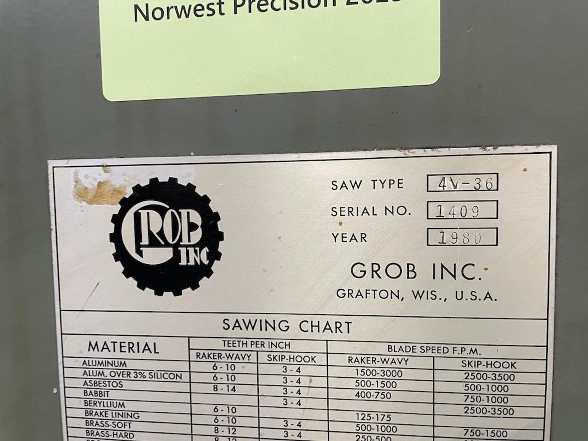 1980 Grob 4V-36 Vertical Band Saw, Blade Welder, 36" Throat, S/N 1409 ...