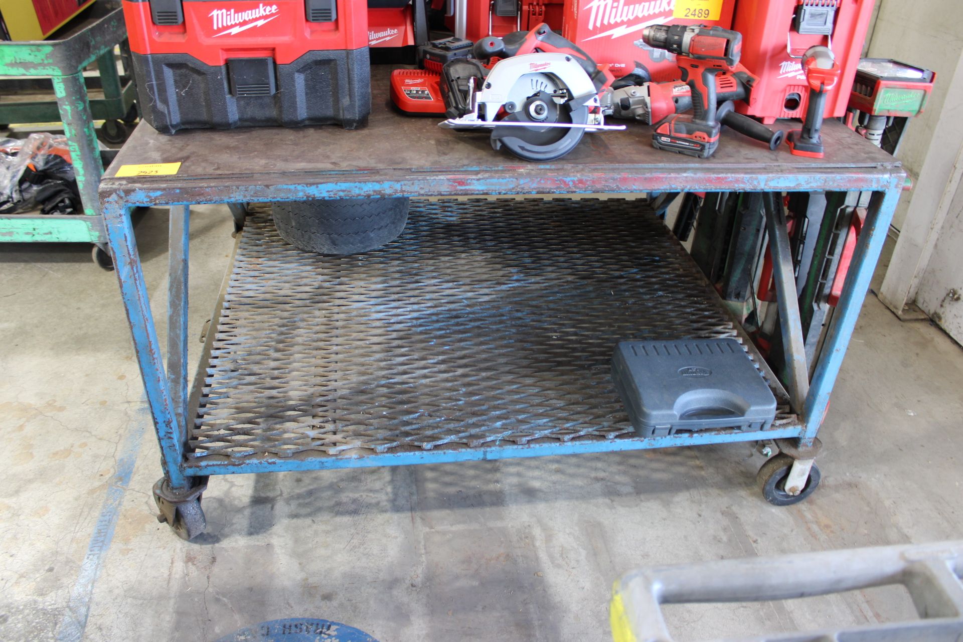 [Lot] of (3) steel shop tables with vises, measuring 52"l x 50"w, 72"l ...
