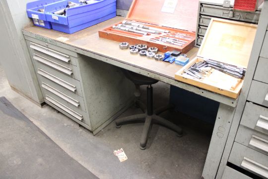of (2) Workshop Tables, w/ 5 drawer multidrawer cabinets