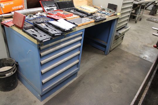 of (2) Workshop Tables, w/ 5 drawer multidrawer cabinets
