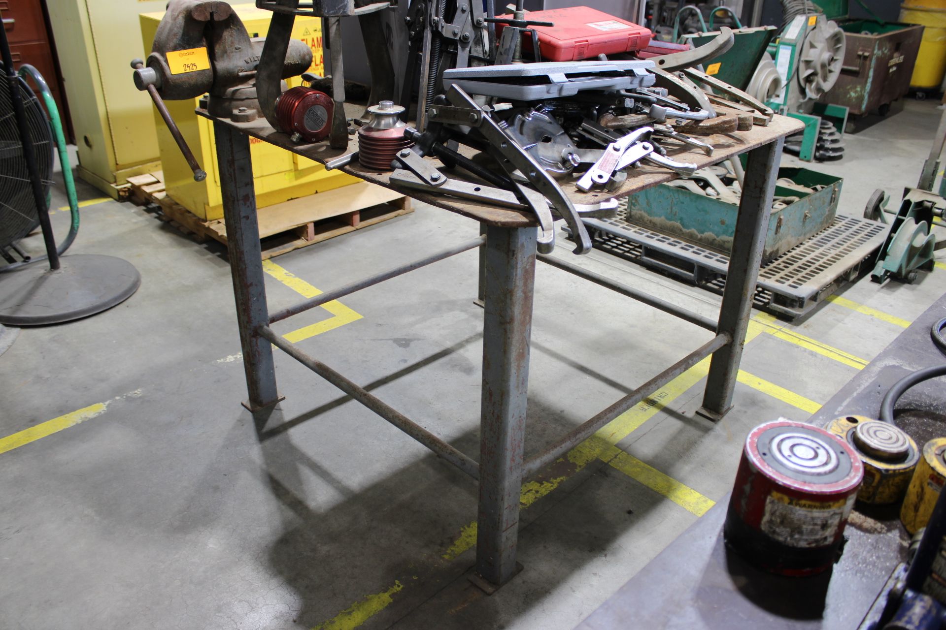 [Lot of (2) steel shop tables measuring 120""l x 34""w and 78""l x 48 ...