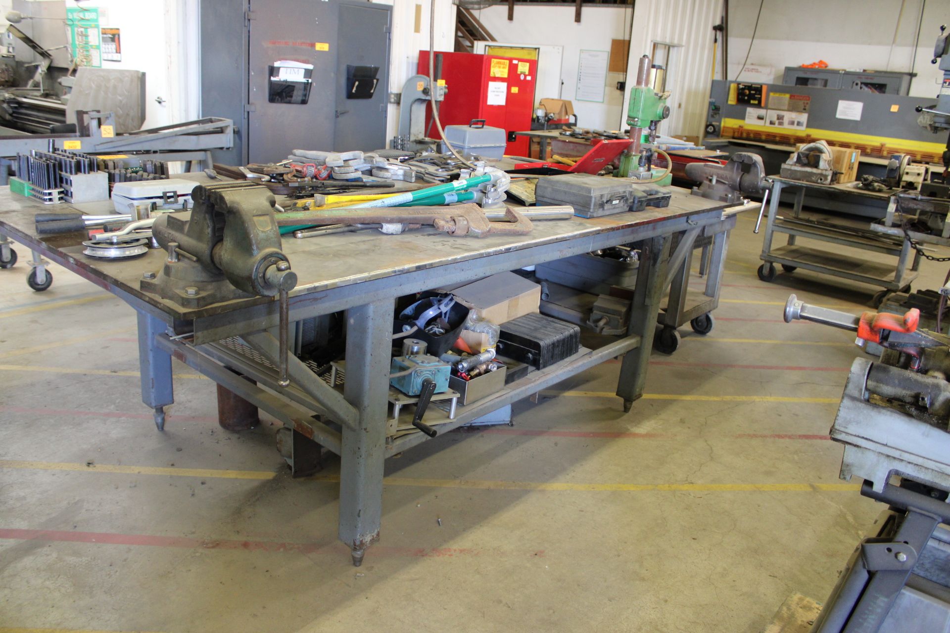 Shop Table, approx. 10'lx5'w with 2 Wilton vices 4.5" [Machine Shop]