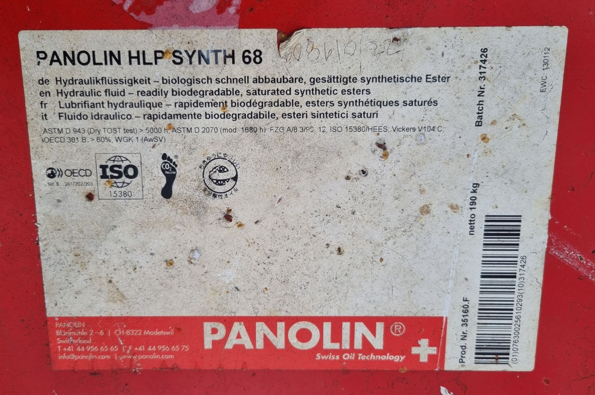 Panolin HLP SYNTH 68 fully synthetic hydraulic fluid - 190kg drum ...