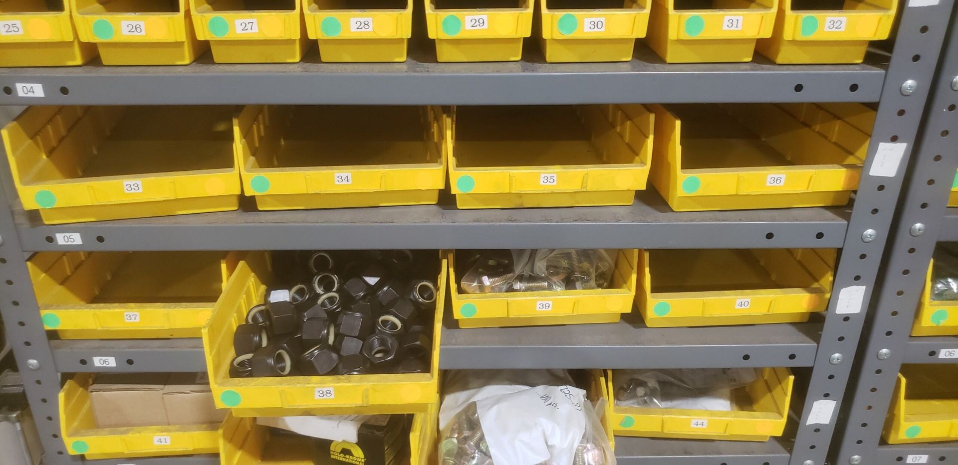 (4) Storage Shelf Units - 3' x 75" x 18" with Yellow Parts Bins ...