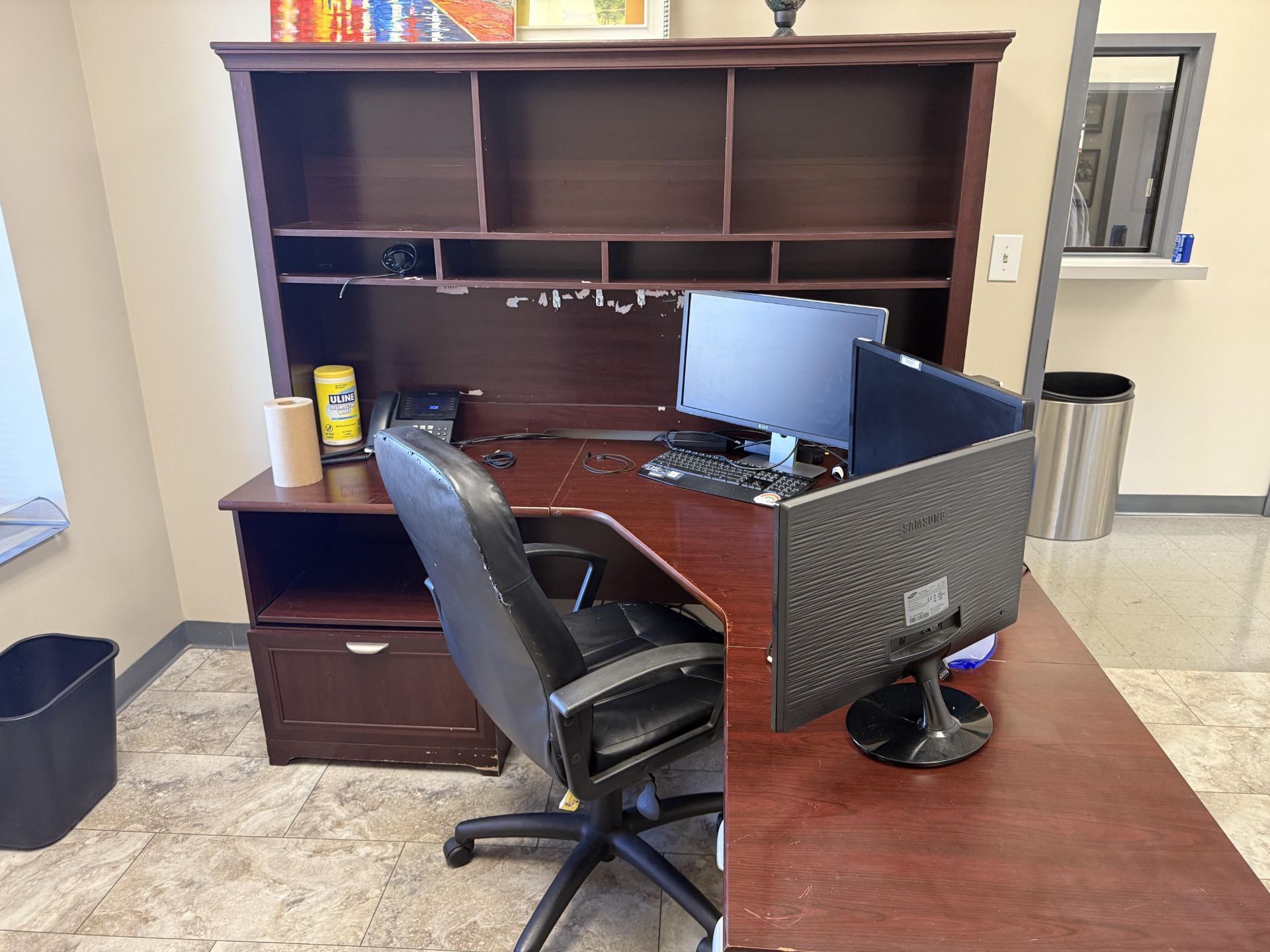 Round Table, Desk, Desk with Return, Lamp, Prints, Desk with Return ...