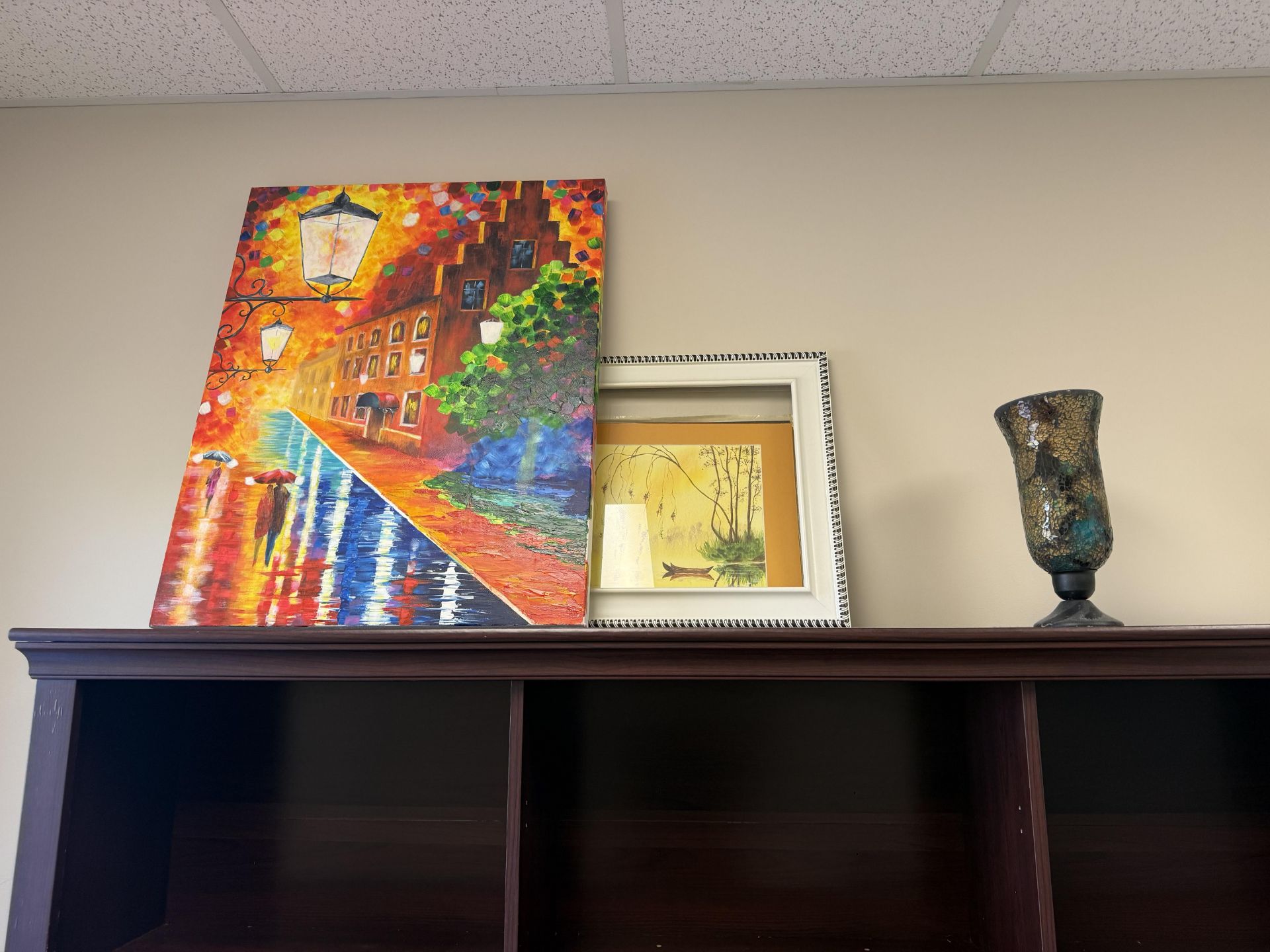 Round Table, Desk, Desk with Return, Lamp, Prints, Desk with Return ...