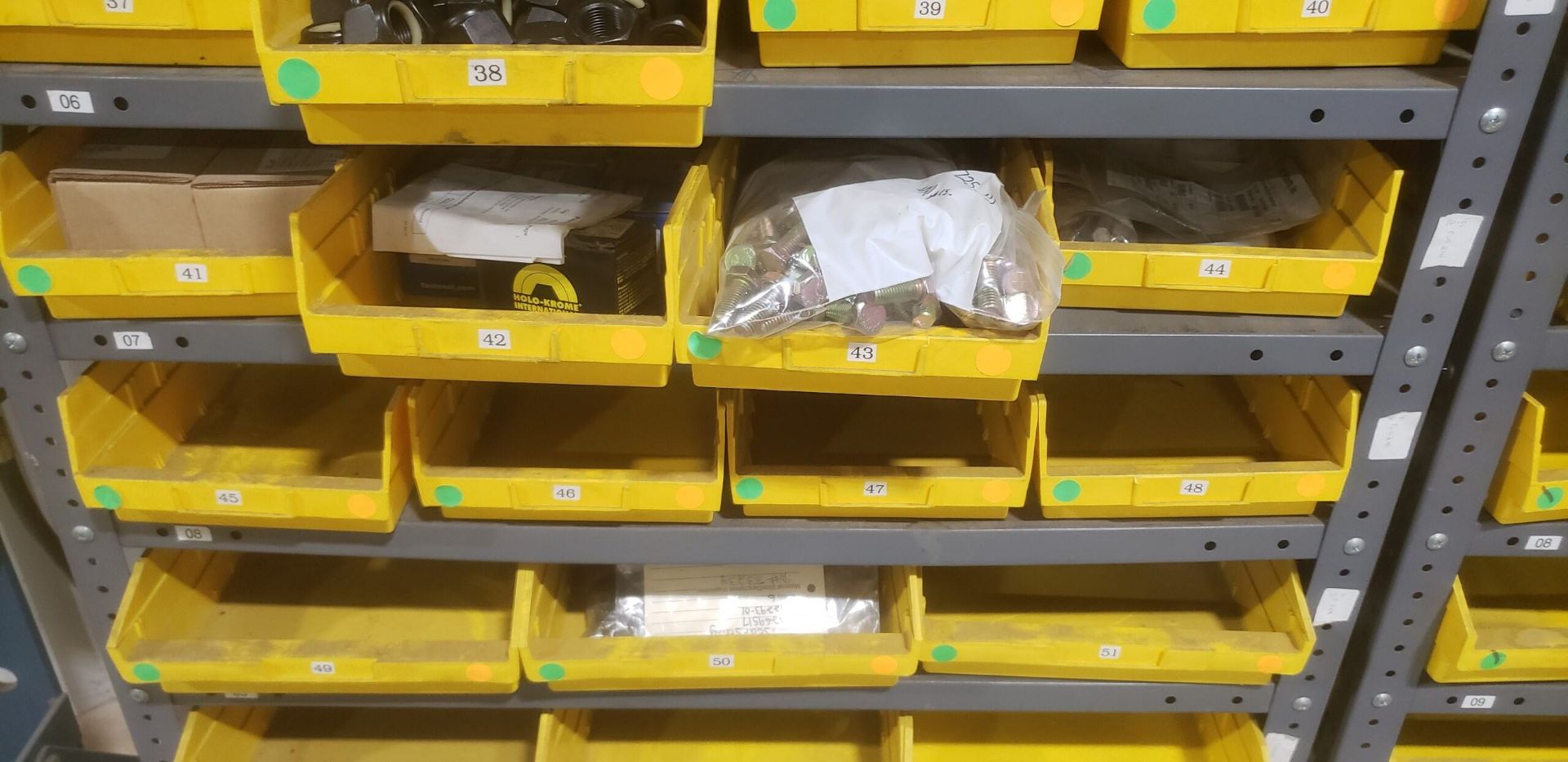 (4) Storage Shelf Units - 3' x 75" x 18" with Yellow Parts Bins ...