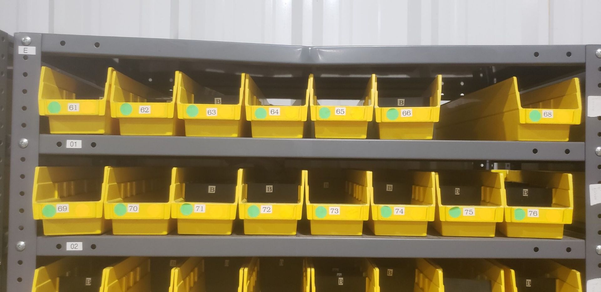 (4) Storage Shelf Units - 3' x 75" x 18" with Yellow Parts Bins ...