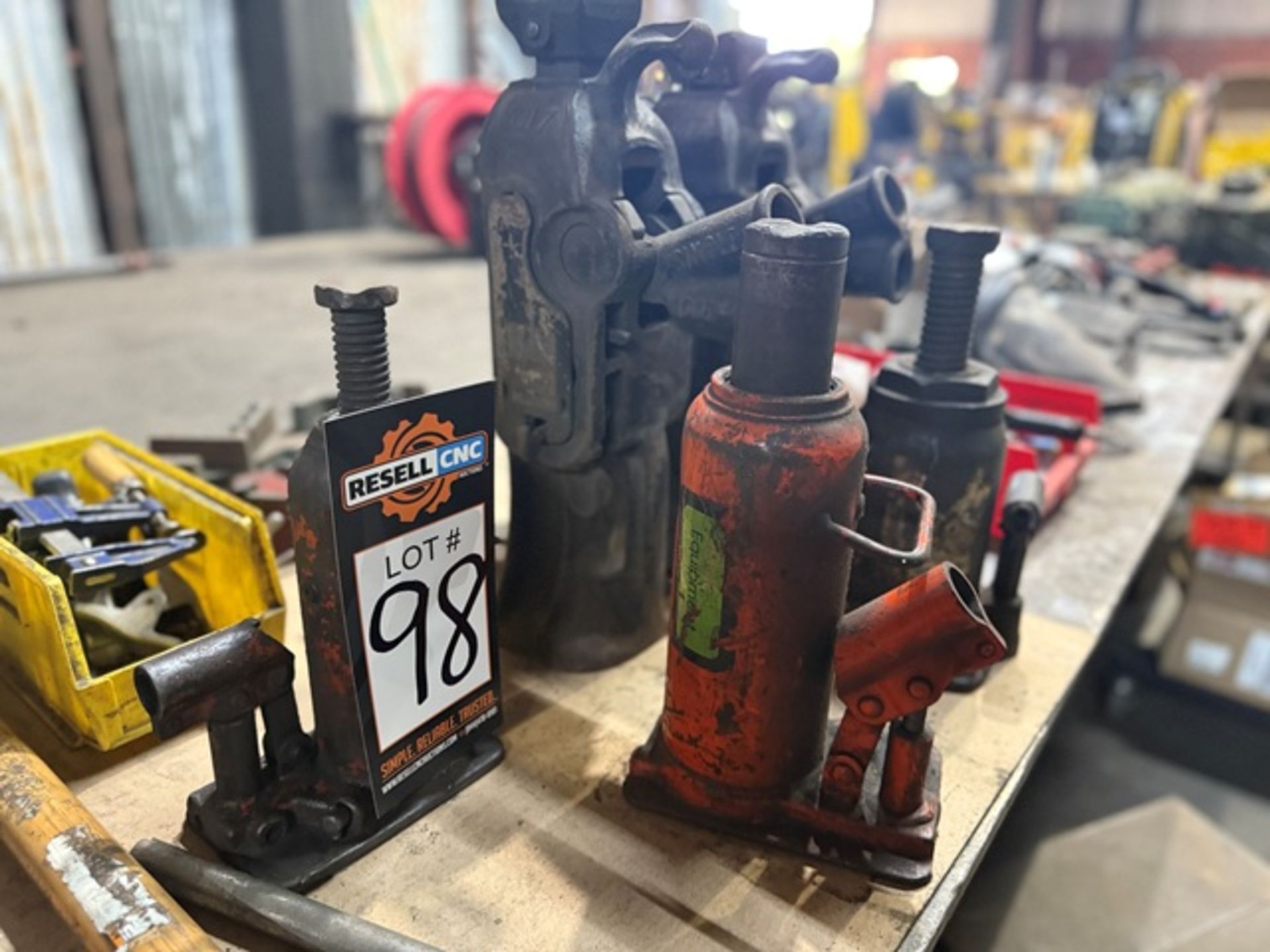 Assortment of Hydraulic & Mechanical Jacks, Sledgehammers Angle Vise ...