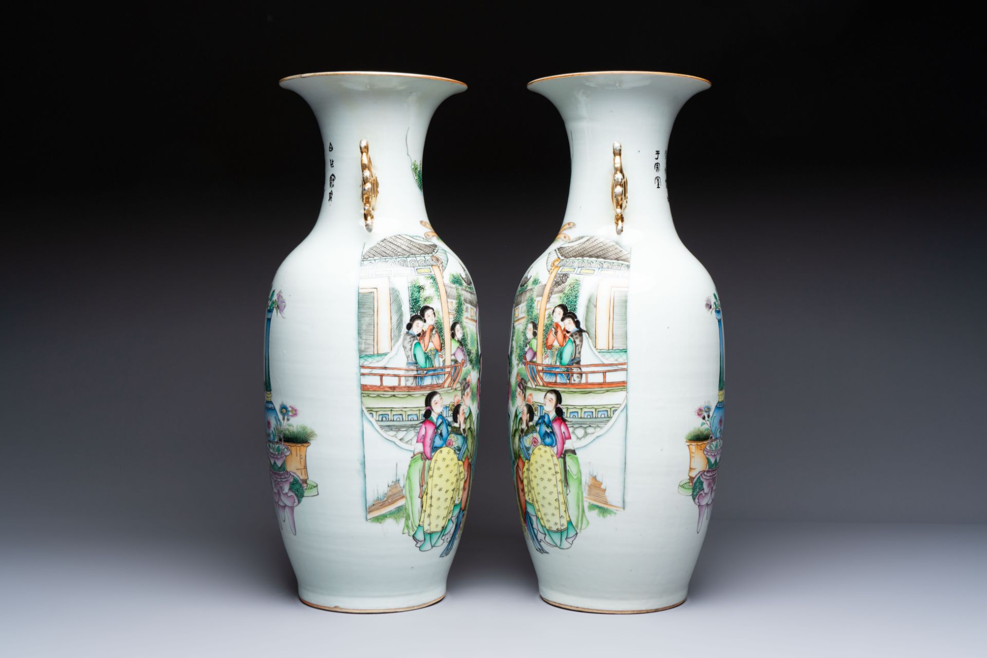 A pair of Chinese famille rose 'Chui Xiao Yin Feng' vases, signed Pan ...