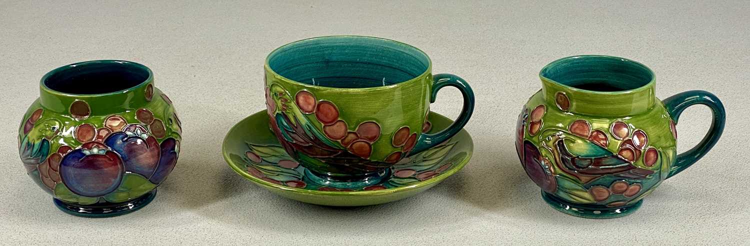 MOORCROFT FINCH & BERRIES TEA SET, on green ground, comprising circular ...