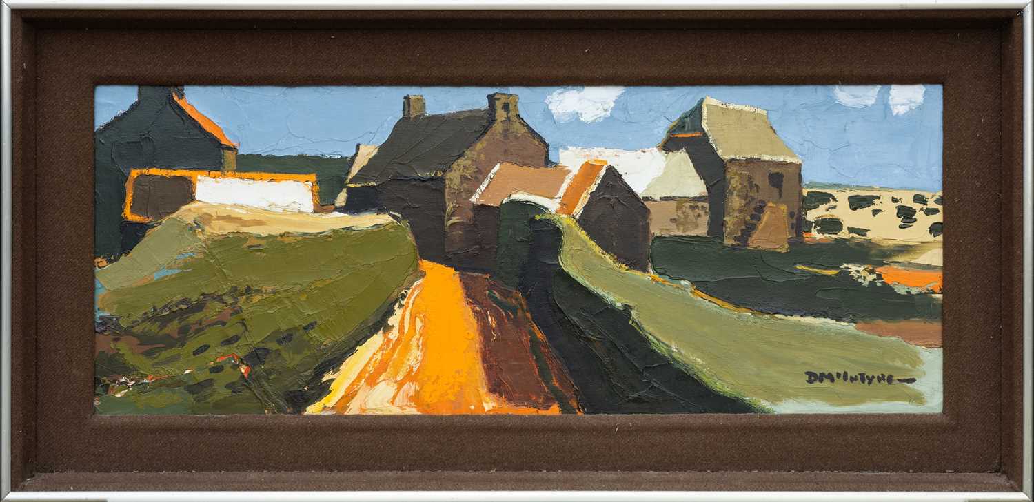 DONALD McINTYRE acrylic on board - entitled verso, 'Farm Buildings' on ...
