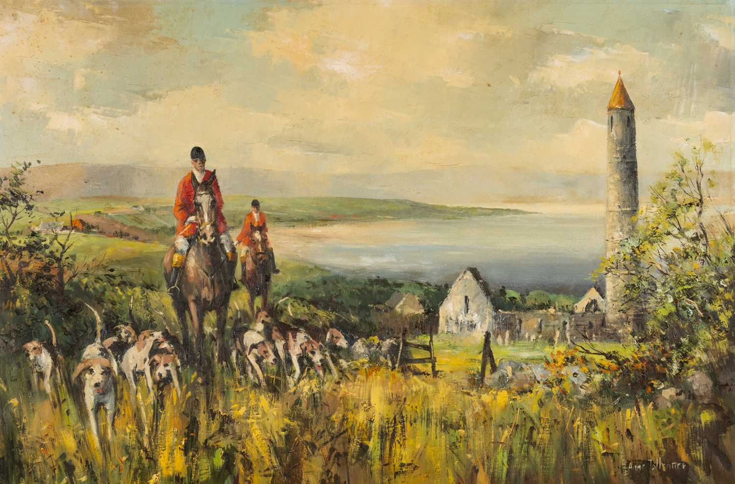 ANNE TALLENTIRE (b. 1949) oil on canvas - Huntsman and hounds in ...