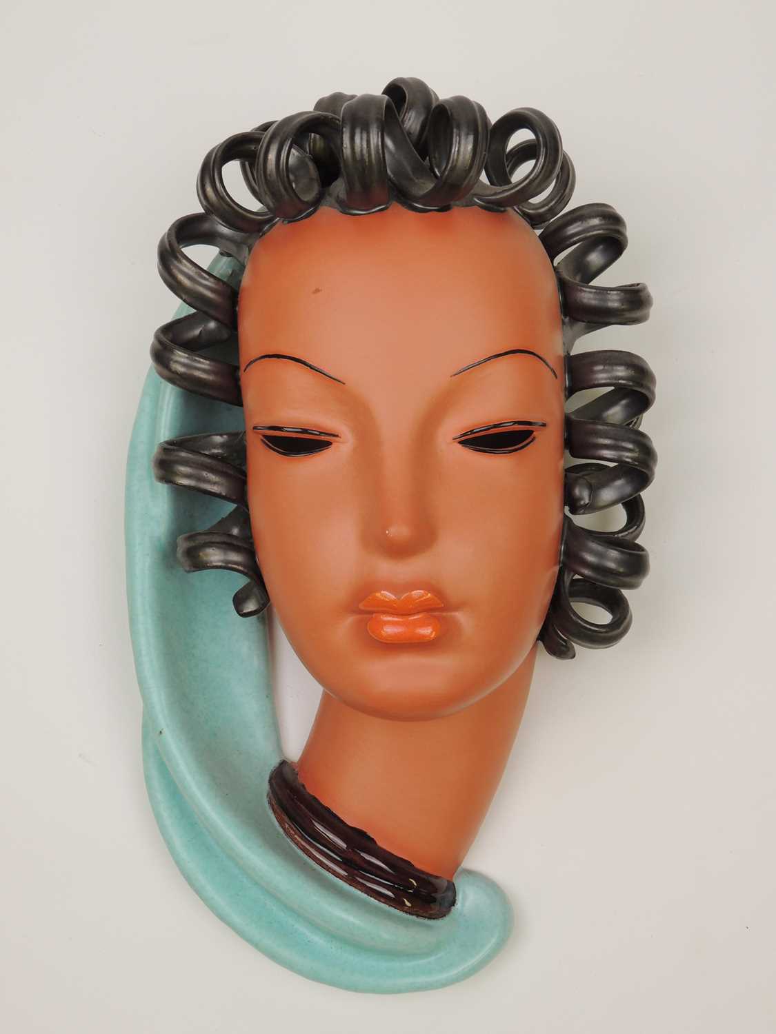 GOLDSCHEIDER ART DECO WALL MASK, Prischel, black and turquoise glaze ...