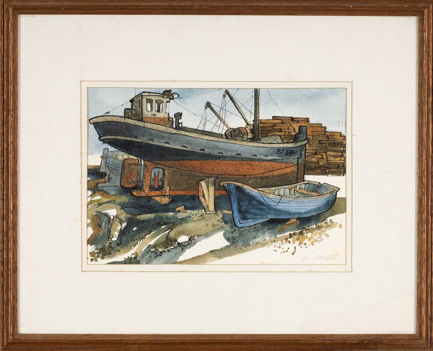 JOHN CLEAL (1929-2007) watercolour and ink - two fishing boats in dry ...