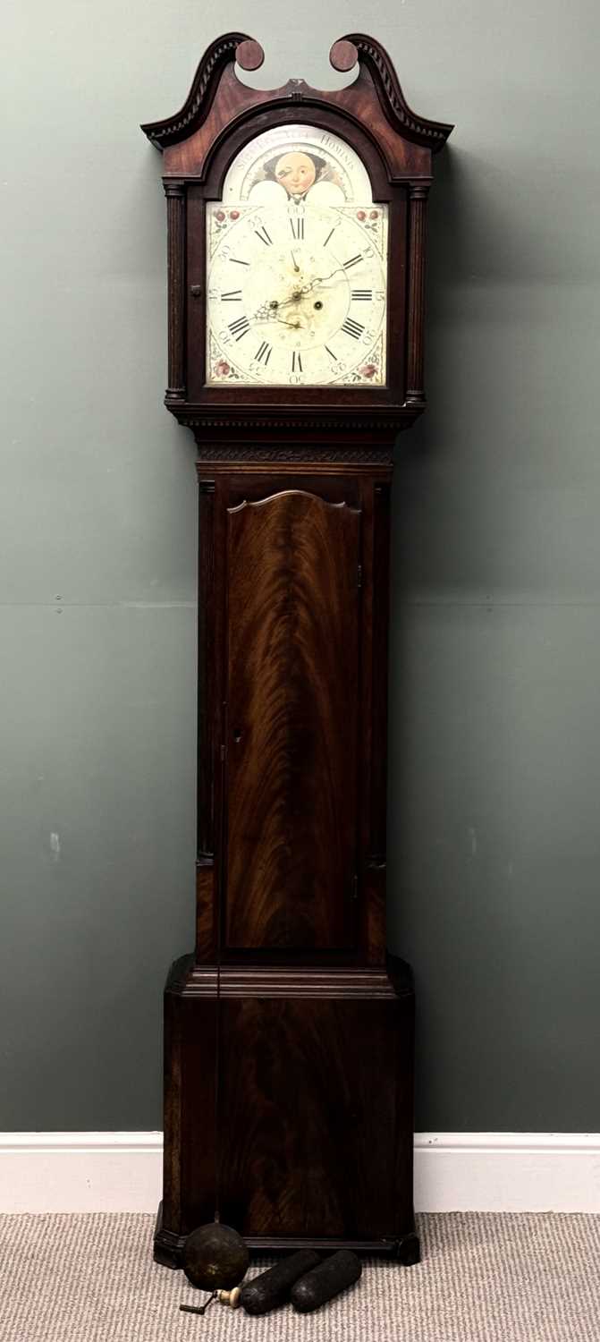 GEORGE III MAHOGANY LONGCASE CLOCK, hood with scrolled swan neck ...