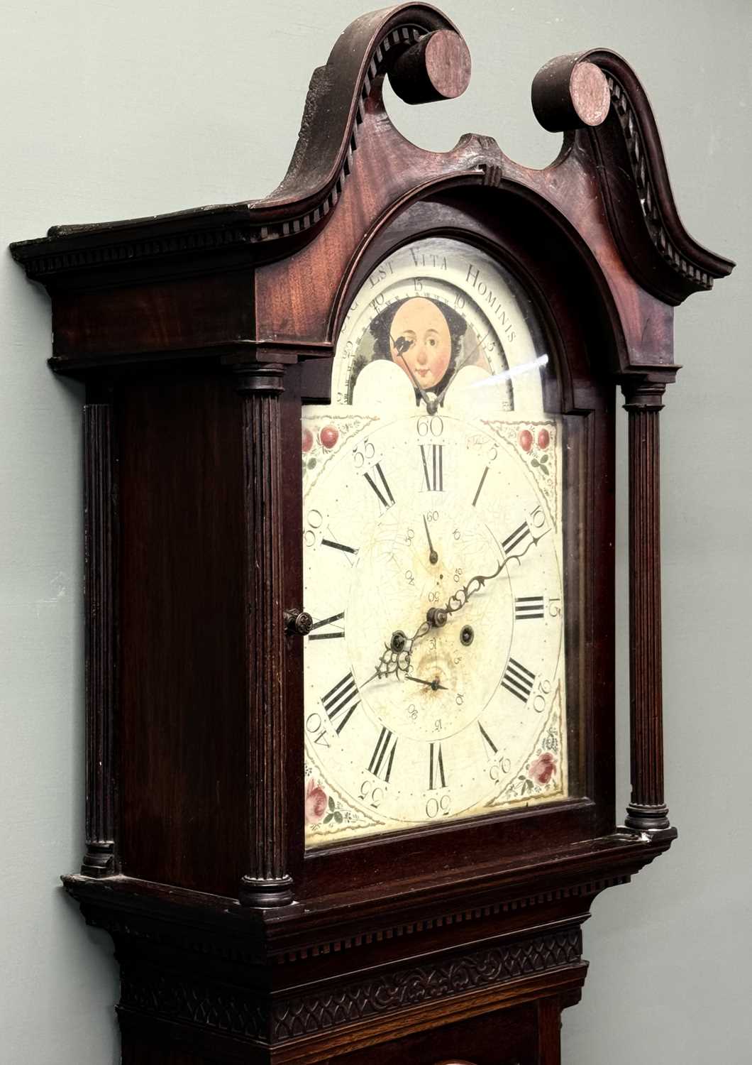 GEORGE III MAHOGANY LONGCASE CLOCK, hood with scrolled swan neck ...