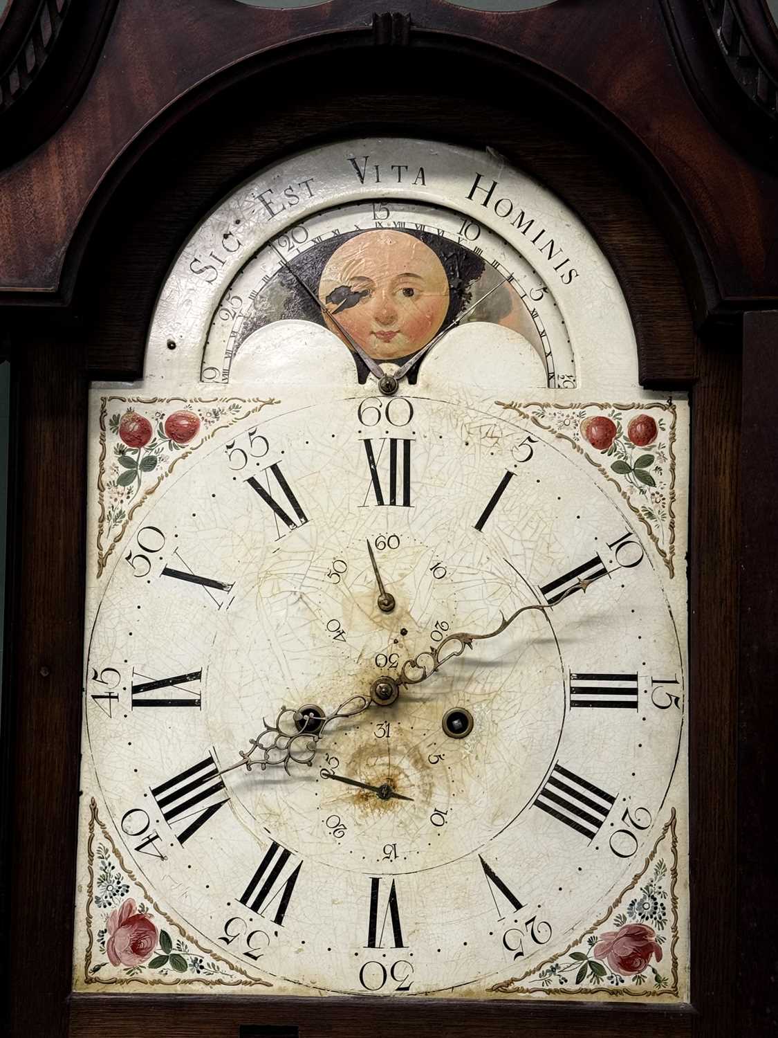 GEORGE III MAHOGANY LONGCASE CLOCK, hood with scrolled swan neck ...