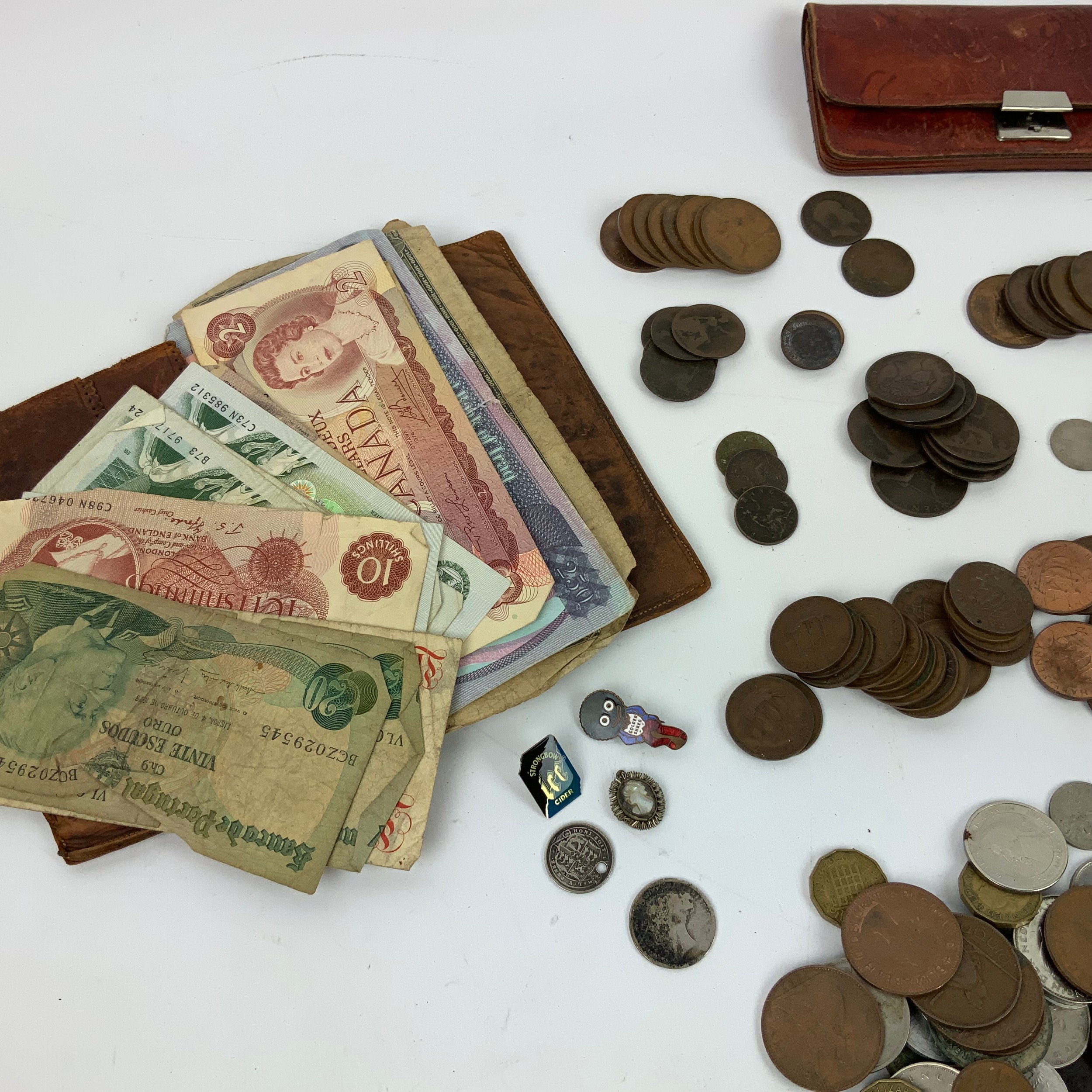 An assortment of bank notes and coins, including various Victorian ...
