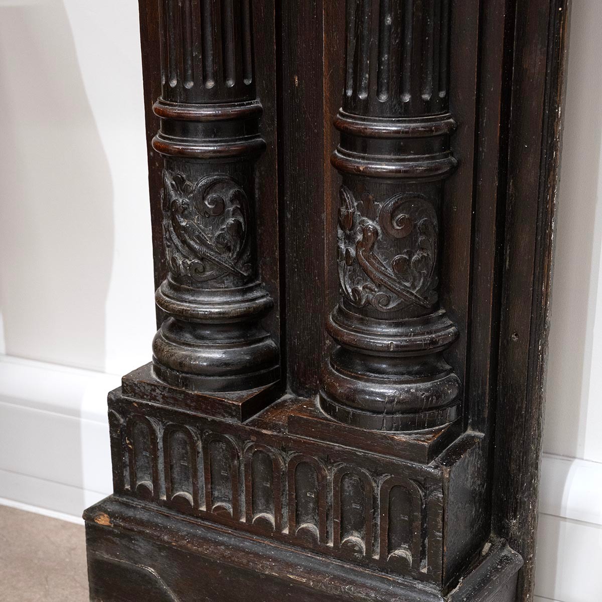 19th century Jacobean Revival oak fire place surround, decorated with ...
