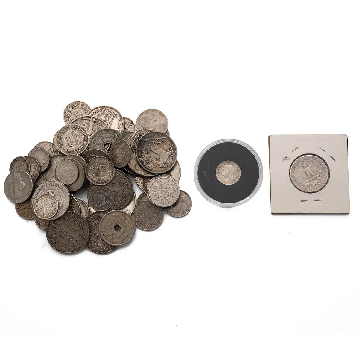 Small cash tin with assorted silver world coins to include franks, USA ...