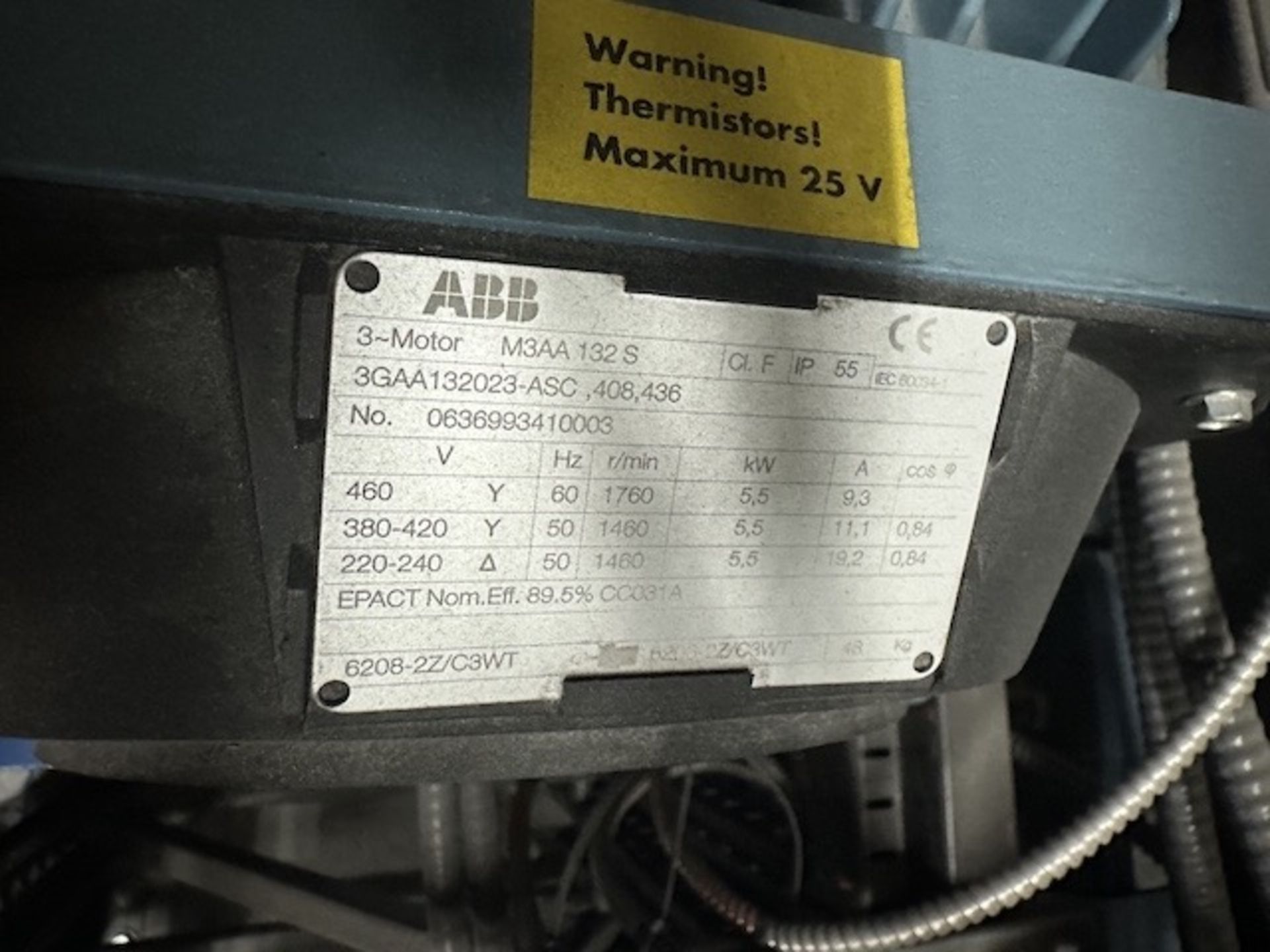 ABB M3AA 132S motor pair on blue skid, 5.5 kW, 60 Hz, 460V, Removal ...
