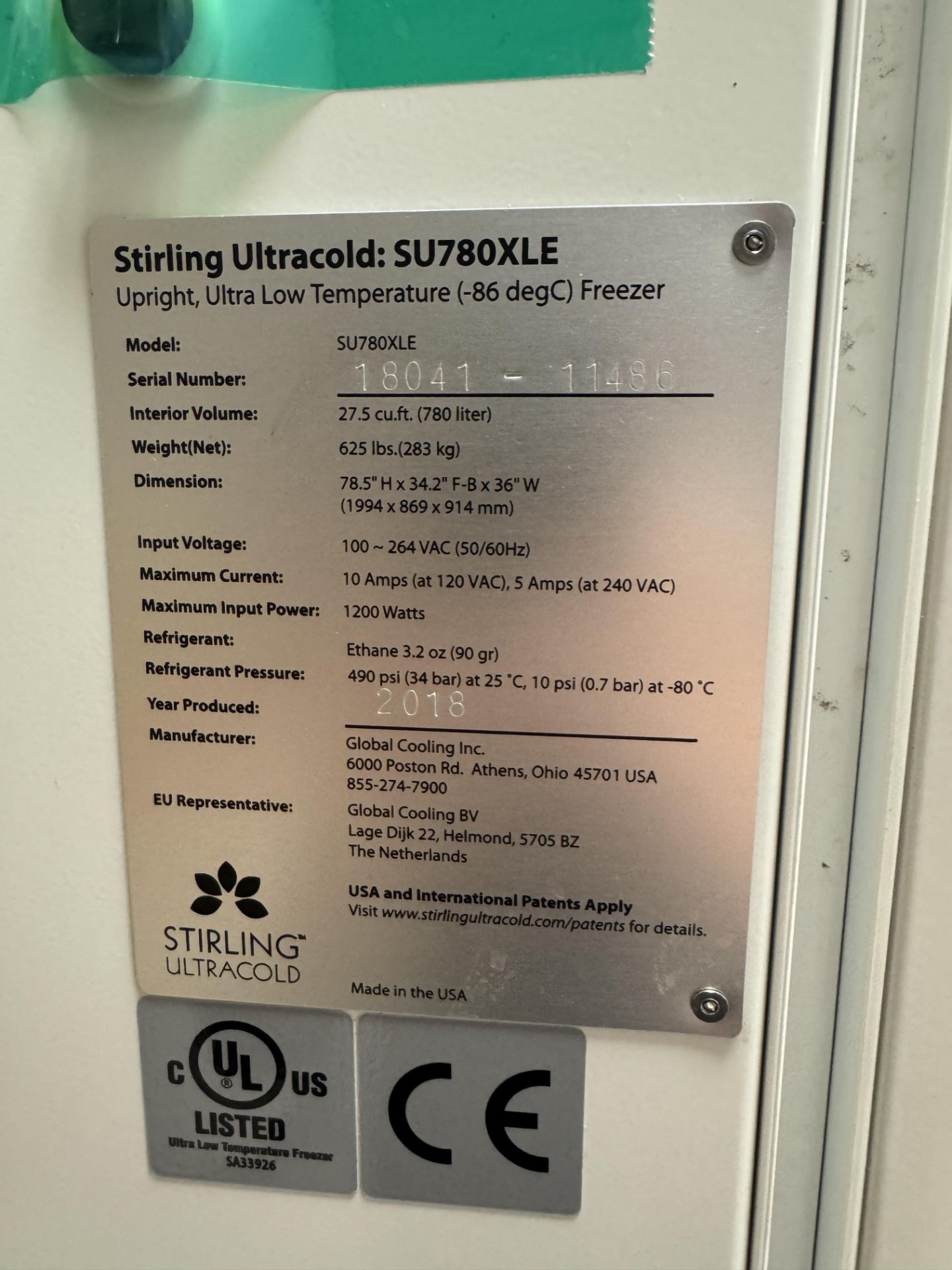 Stirling Ultracold SU780XLE (-86 degC) Freezer, Upright, Serial# 18041 ...