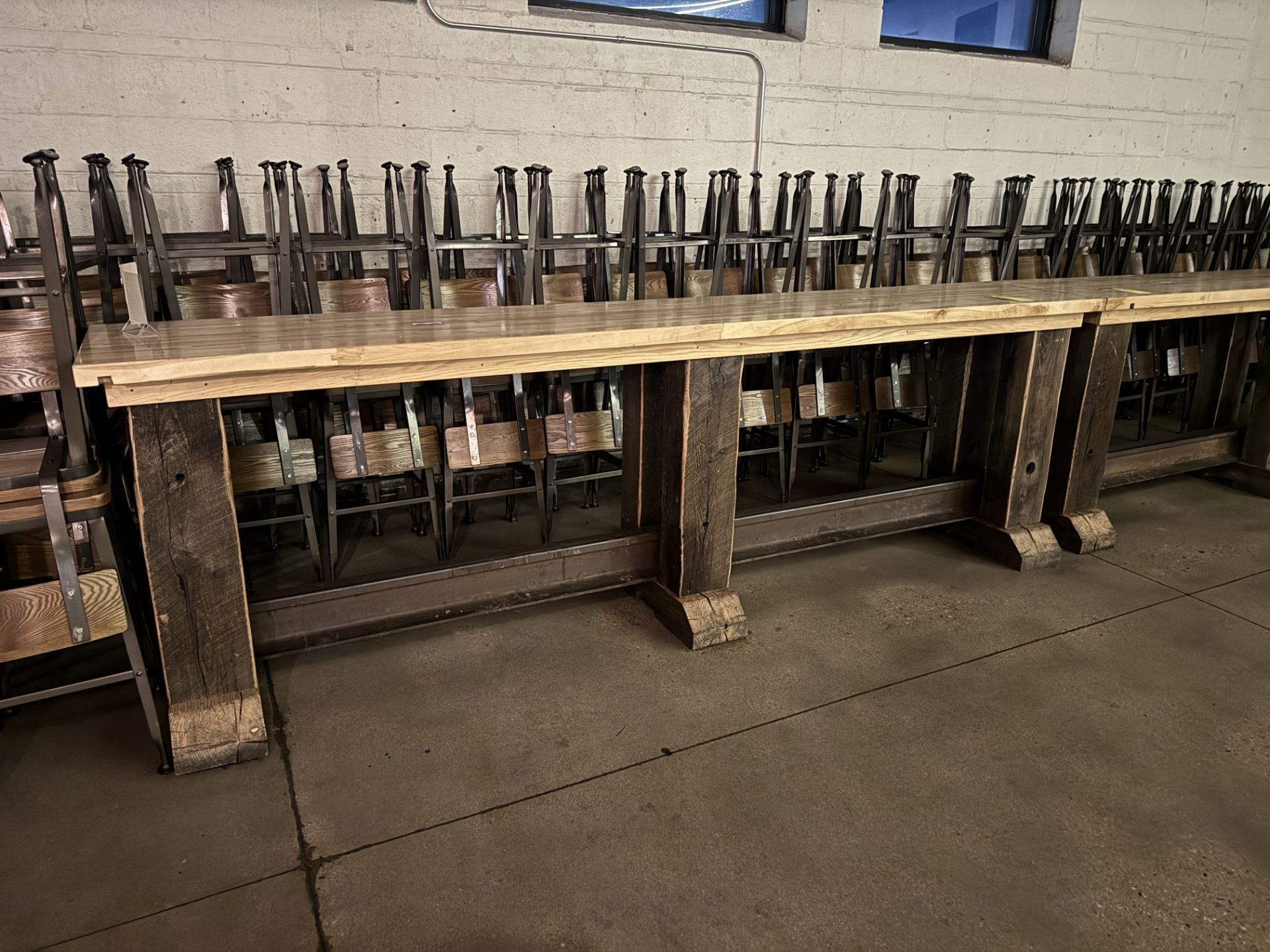 Wood Table with Railroad Rail Foot Rest, 23.5" W x 11' L x 41.5" T ...
