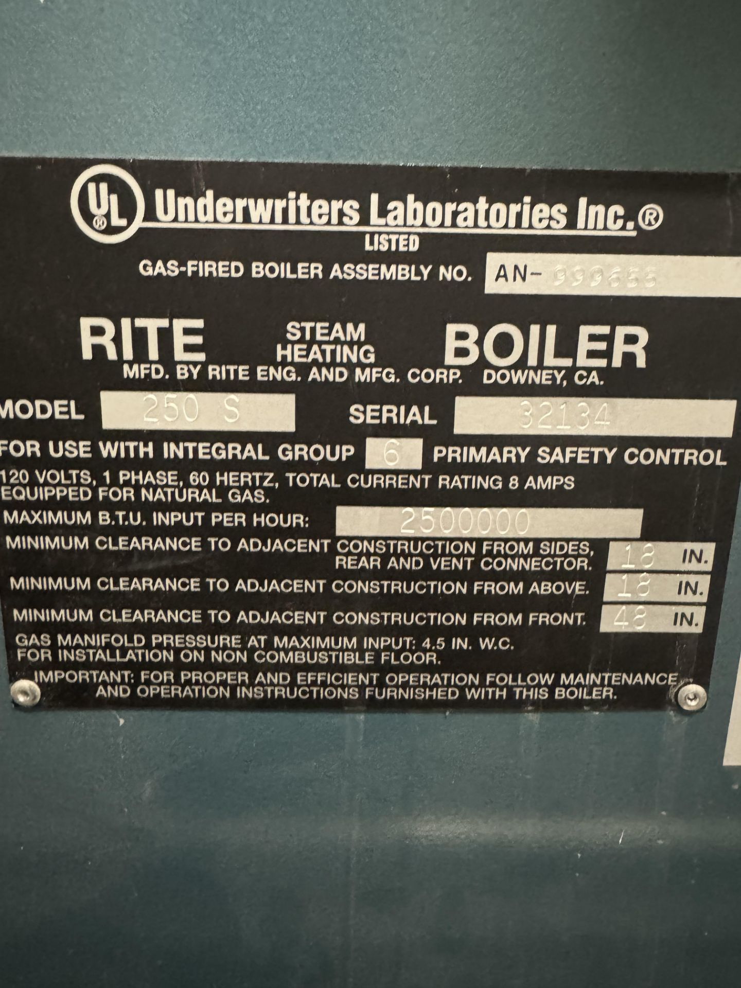Rite Boiler, Model# 250 S, Serial# 32134, Max B.T.U. Input/ Hour ...