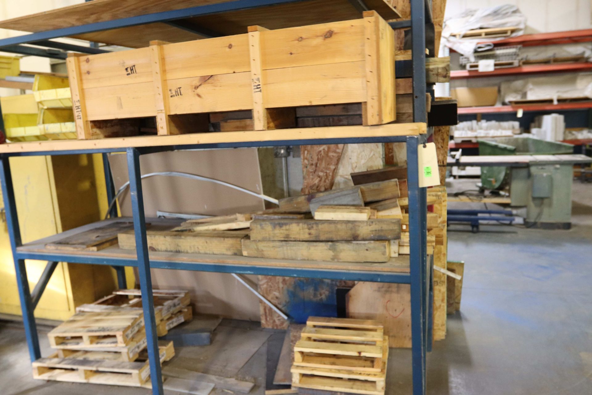 Metal storage shelf, 93" x 48" x 104", with contents including wood ...