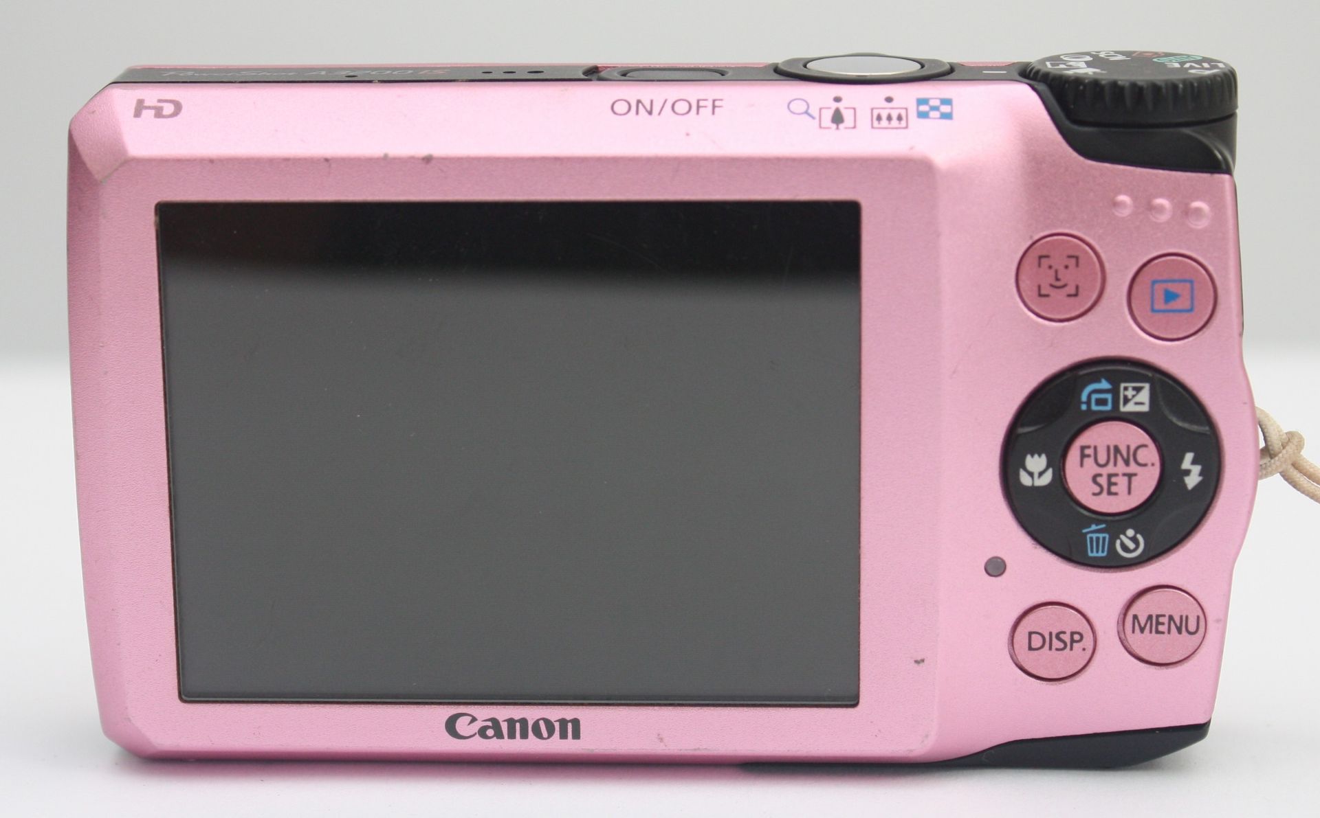 A Canon Powershot A3200 IS digital camera, in pink.