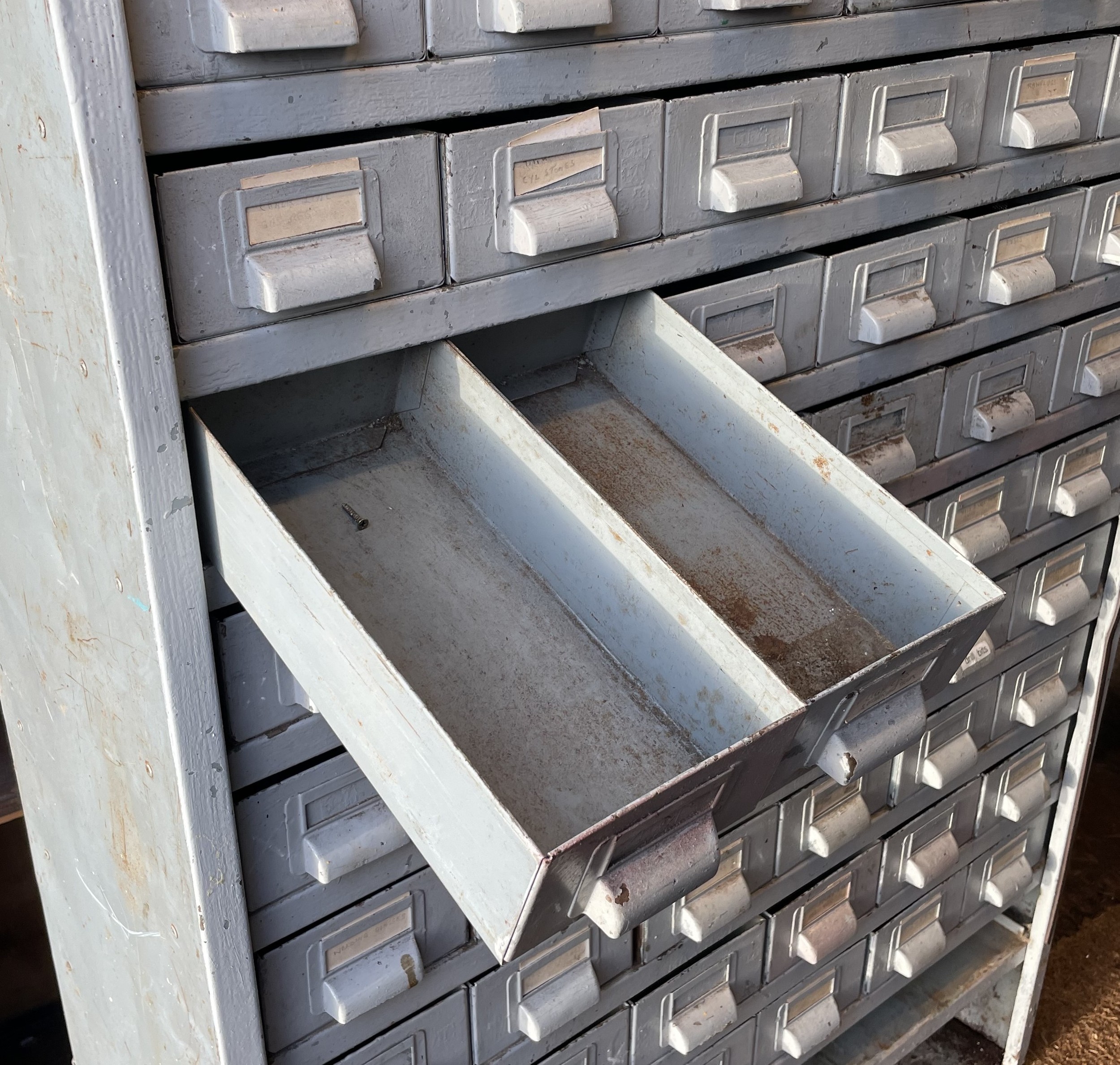 A large set of engineer's tool drawers, comprised of 84 drawers, 180cm ...