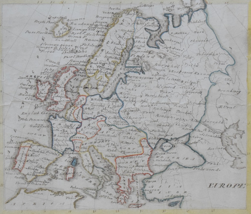An interesting engraved and hand-coloured map of Europe, appears early ...