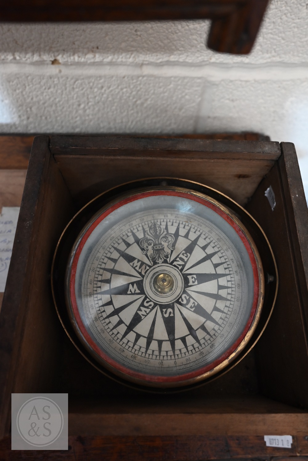 An antique boxed brass boat compass on gimbals; note says 'Salvaged ...