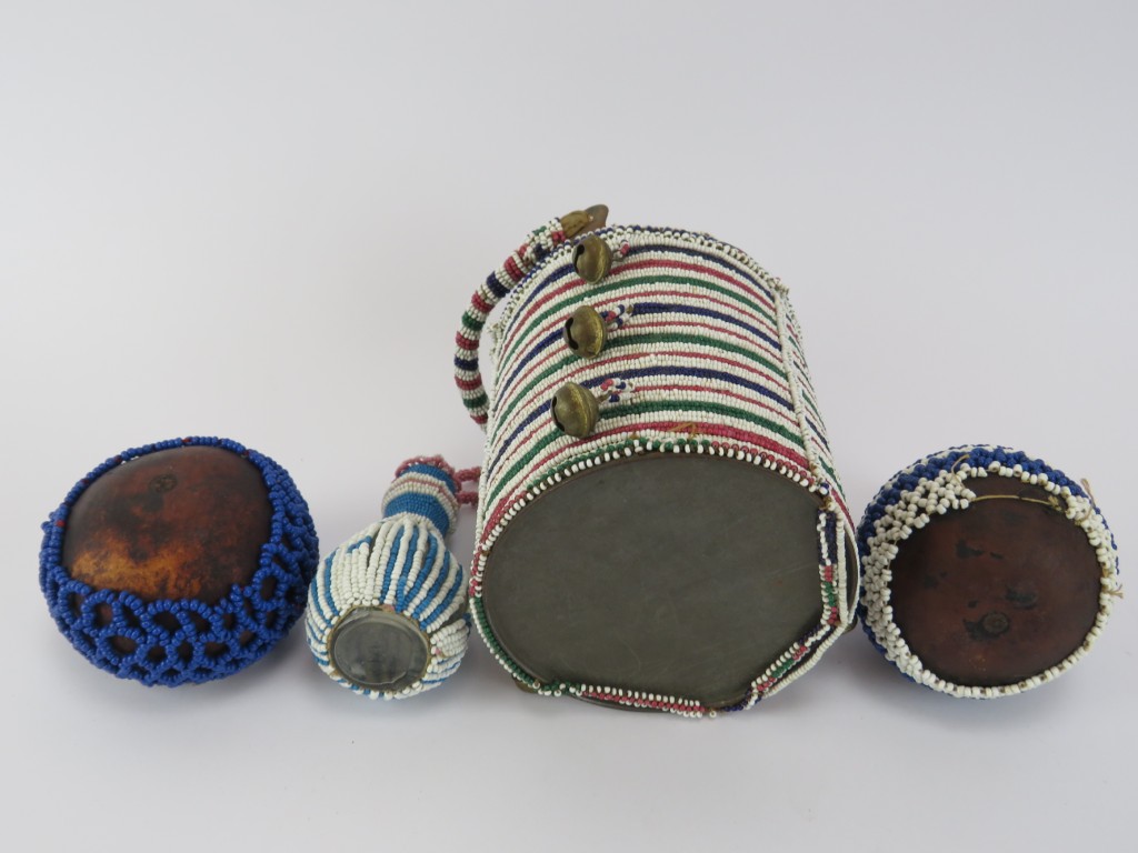 Three vintage South African glass beadwork decorated vessels and a ...
