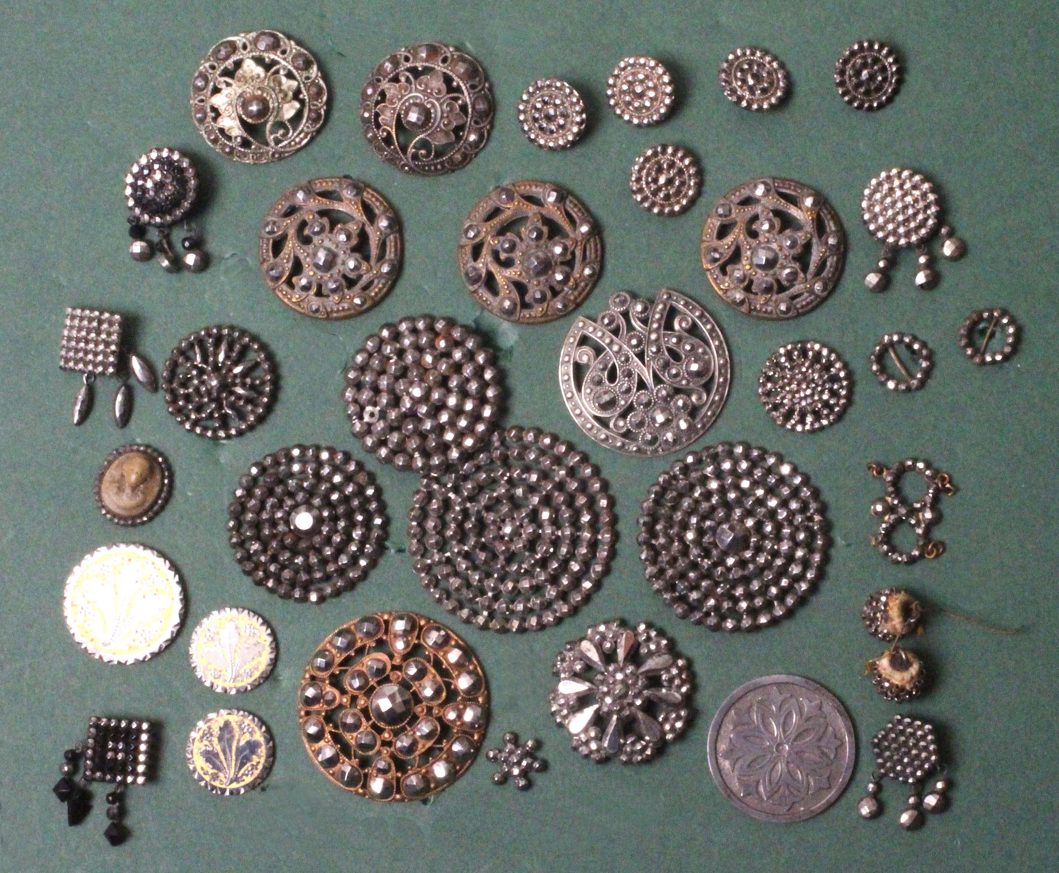 Buttons, cut and other steel examples, thirty, including three gilded ...
