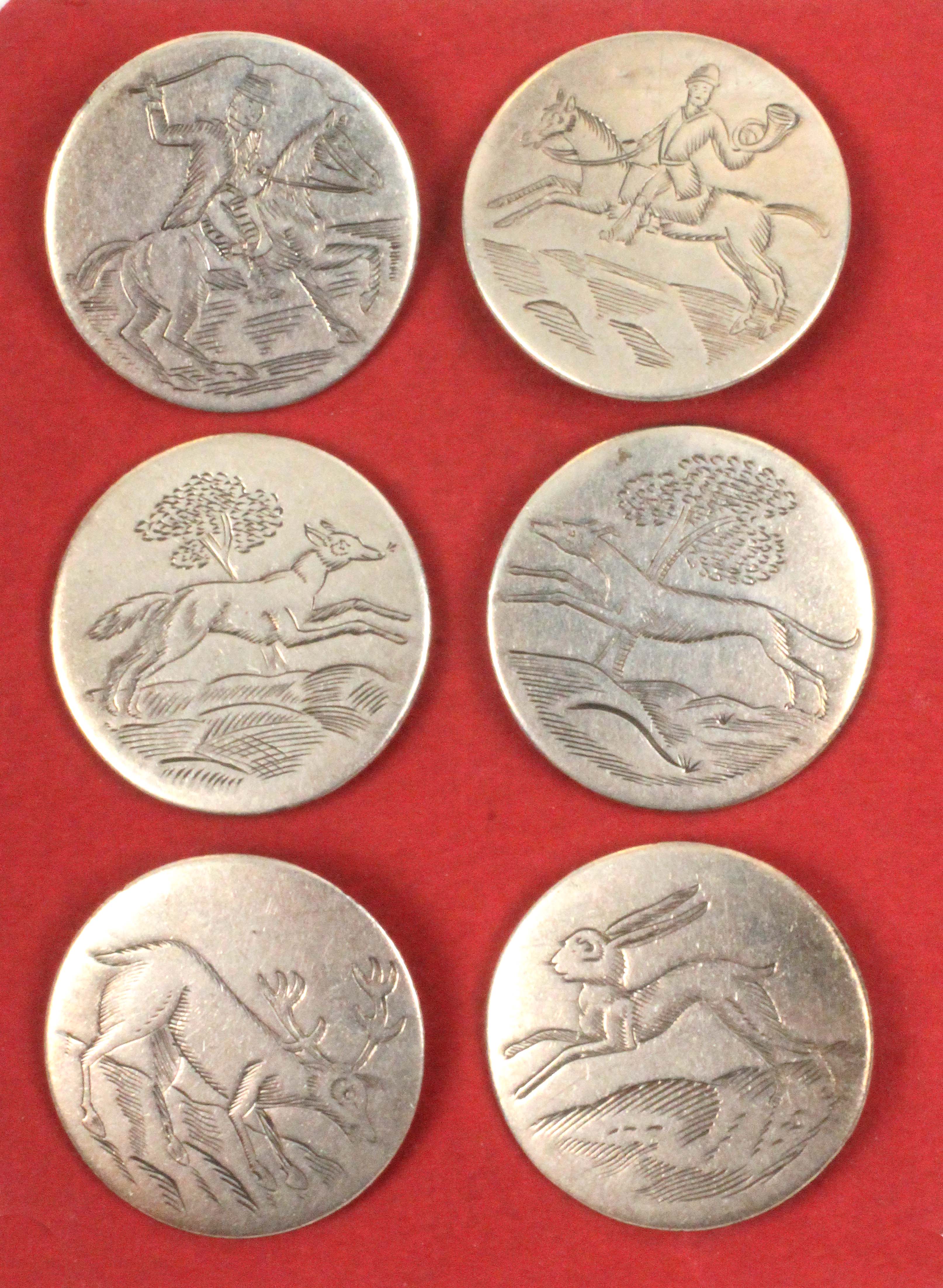 Buttons, sporting, a rare set of six late 18th Century engraved silver ...