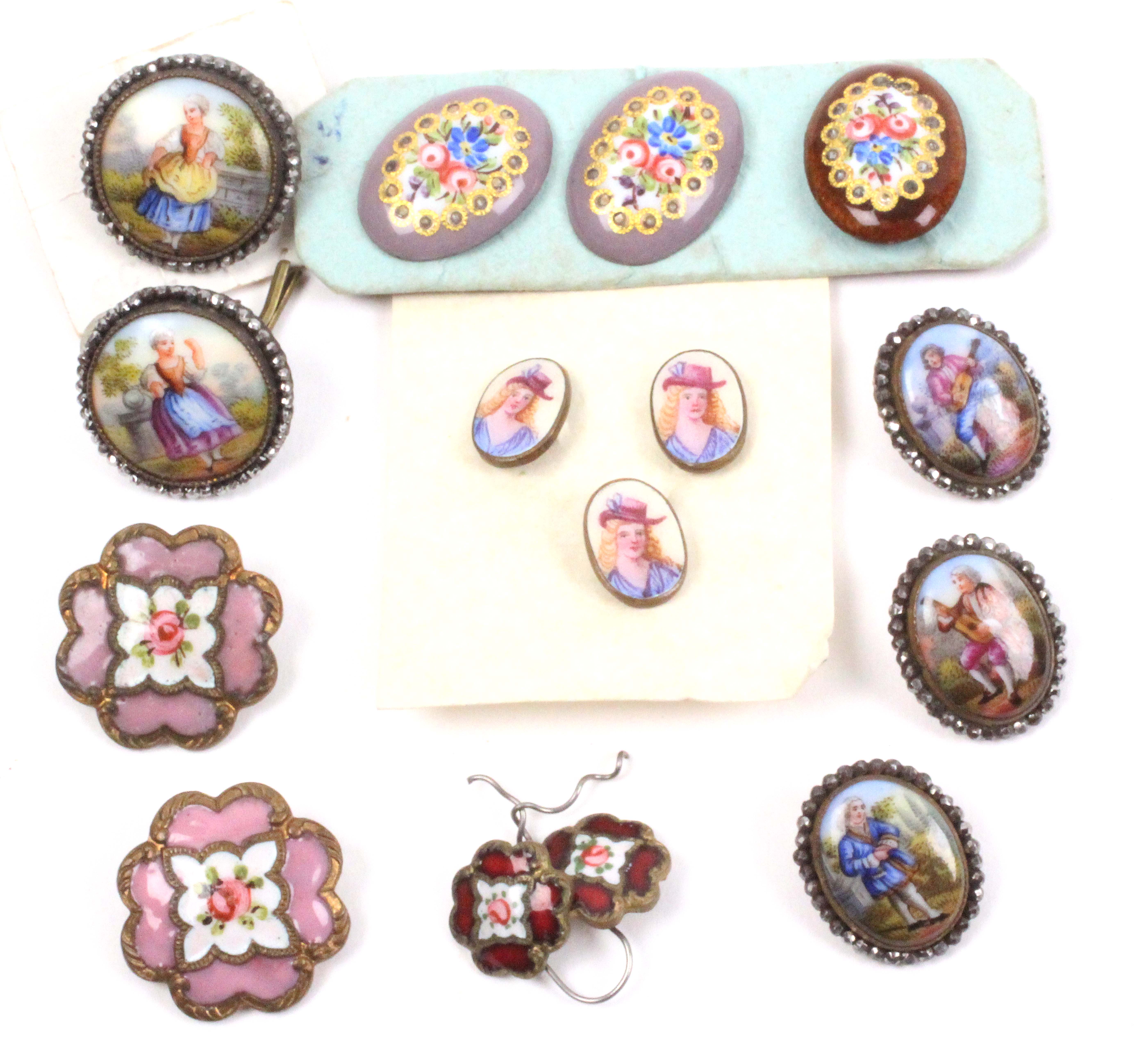 Buttons, enamel, late 19th French, three trios and three pairs ...