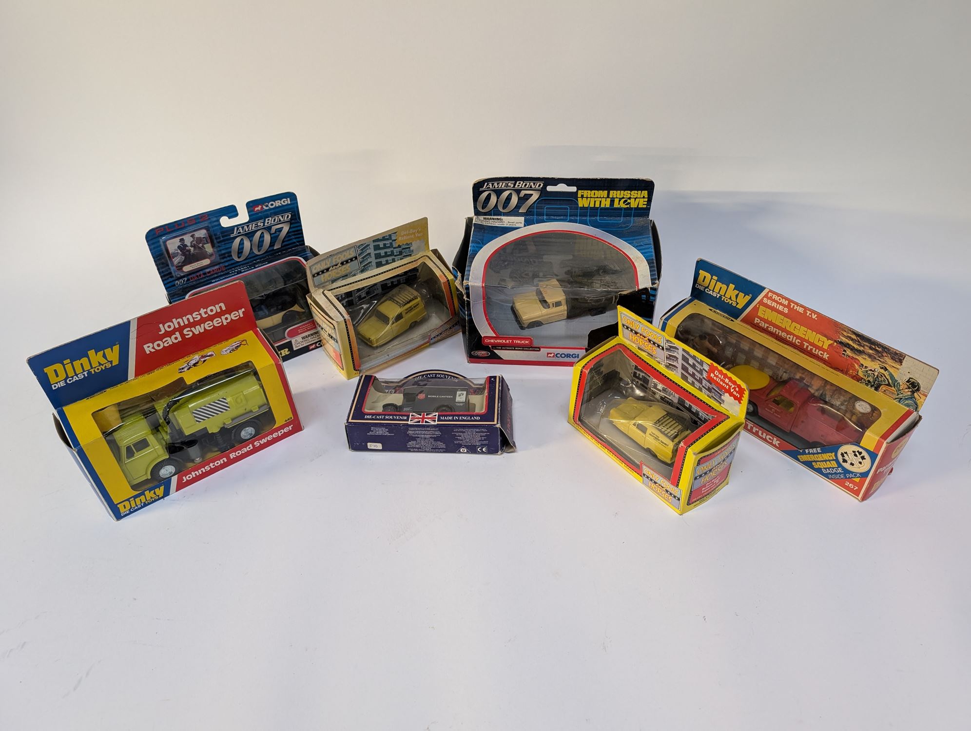 Seven boxed diecast cars by Corgi and Dinky, of James Bond, Only Fools ...