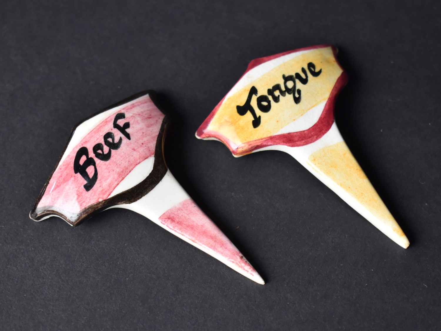 Two Mid Century Ceramic Sandwich Markers for Beef and Tongue, 7cms High