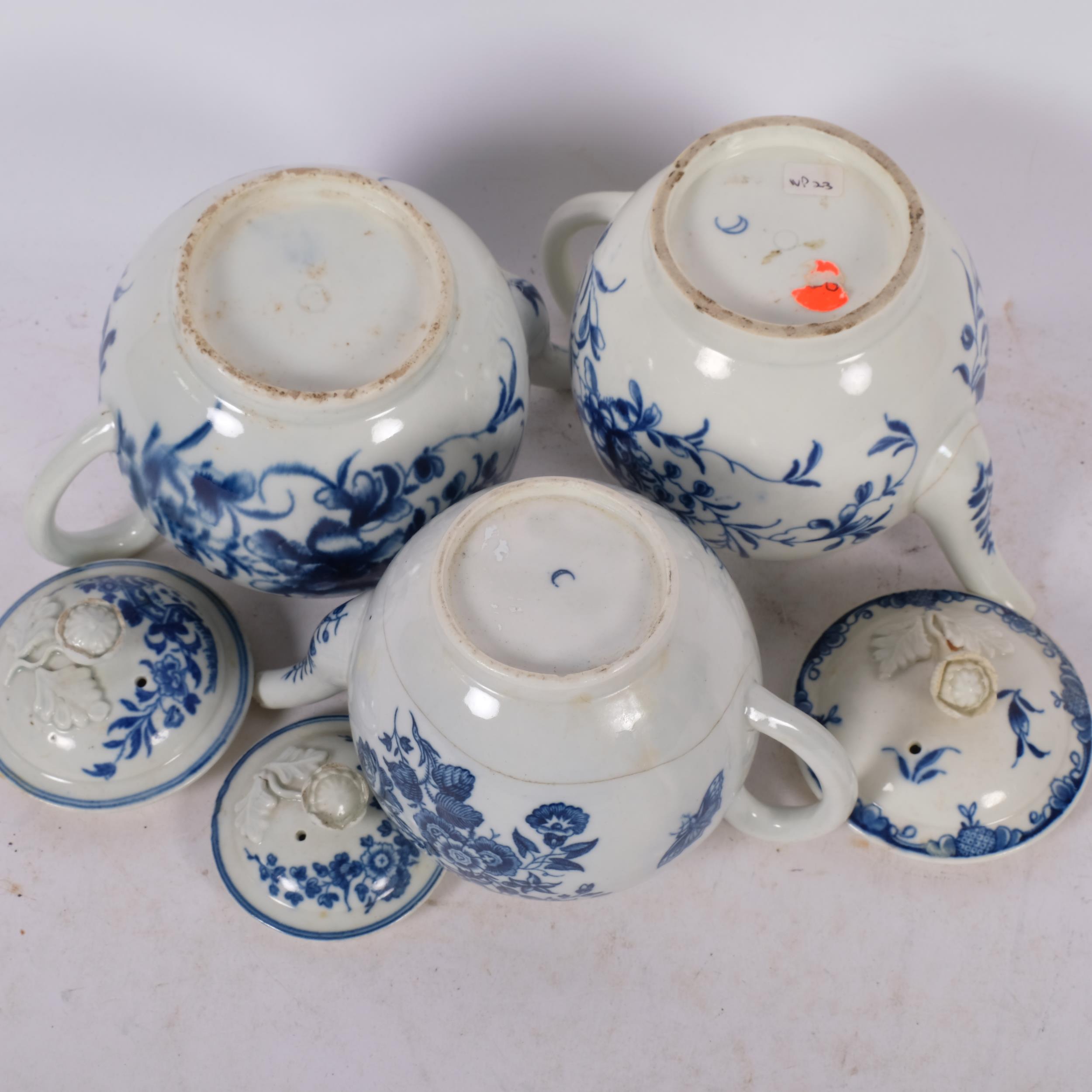 A group of Worcester First Period teapots, 2 with under glaze crescent ...