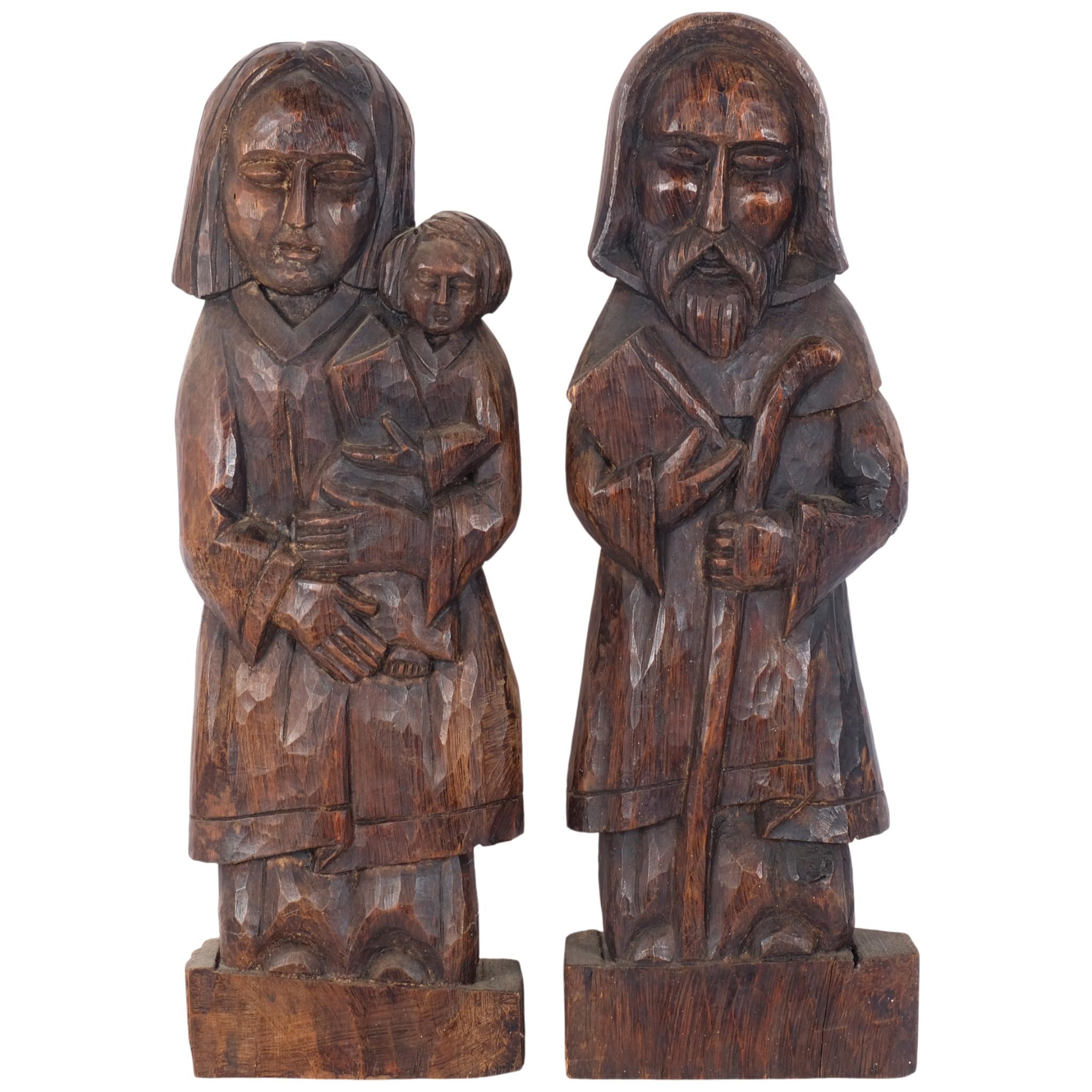 2 carved wood figures, after the Antique, 1 depicting a mother and ...